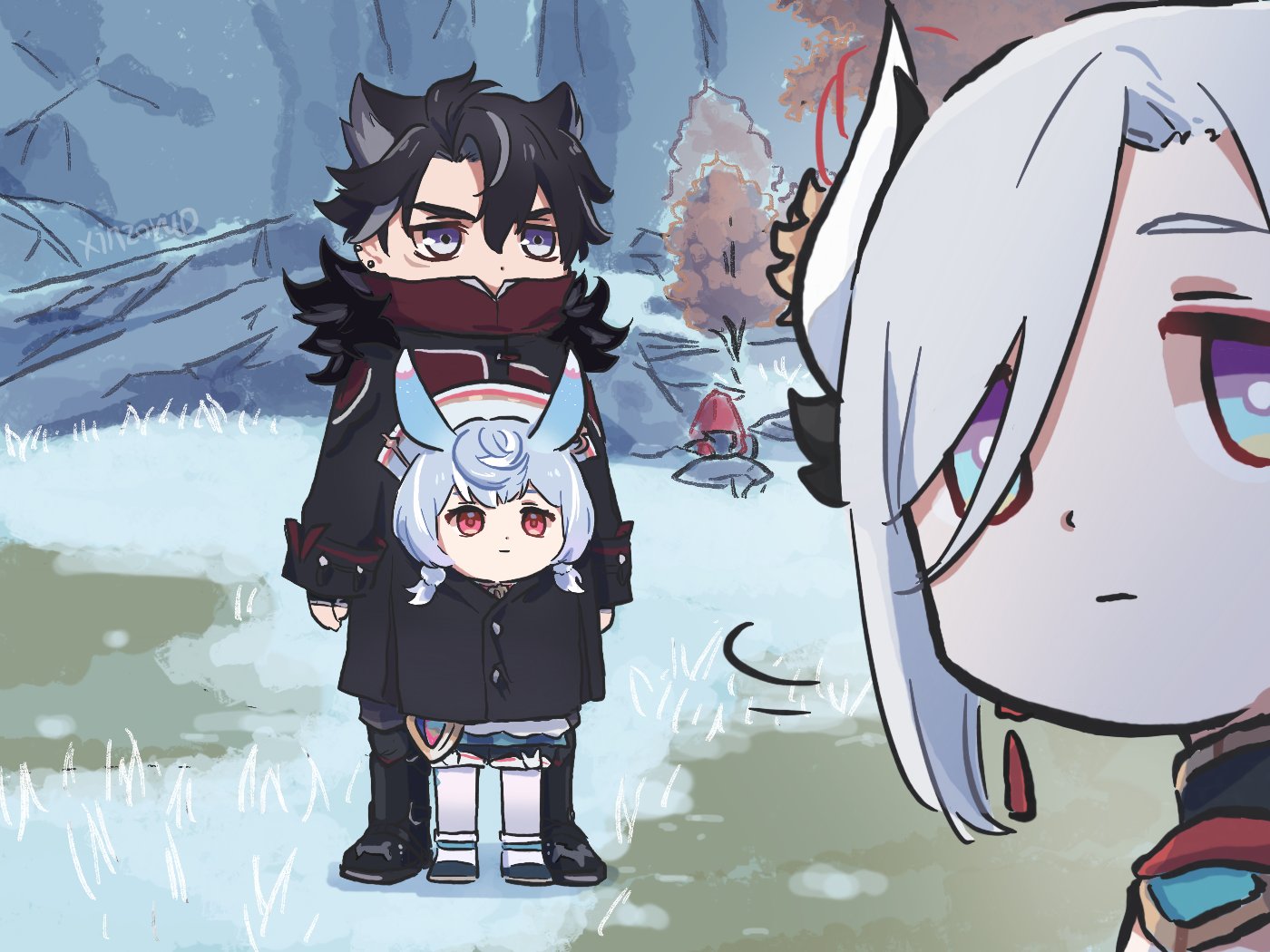 Safebooru - 1boy 2girls animal ear fluff animal ears artist name black coat chibi coat ...