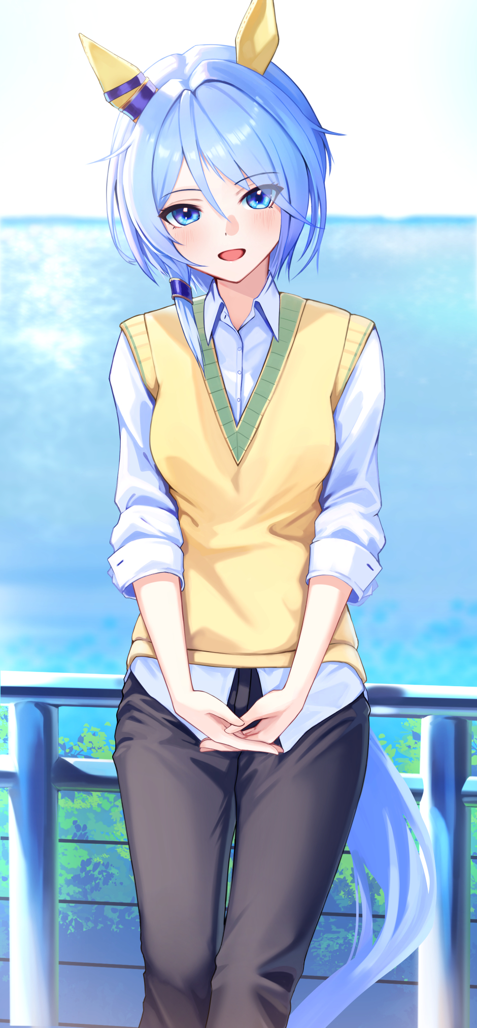 Safebooru - 1girl alternate costume animal ears blue eyes blue hair blurry blurry background ...