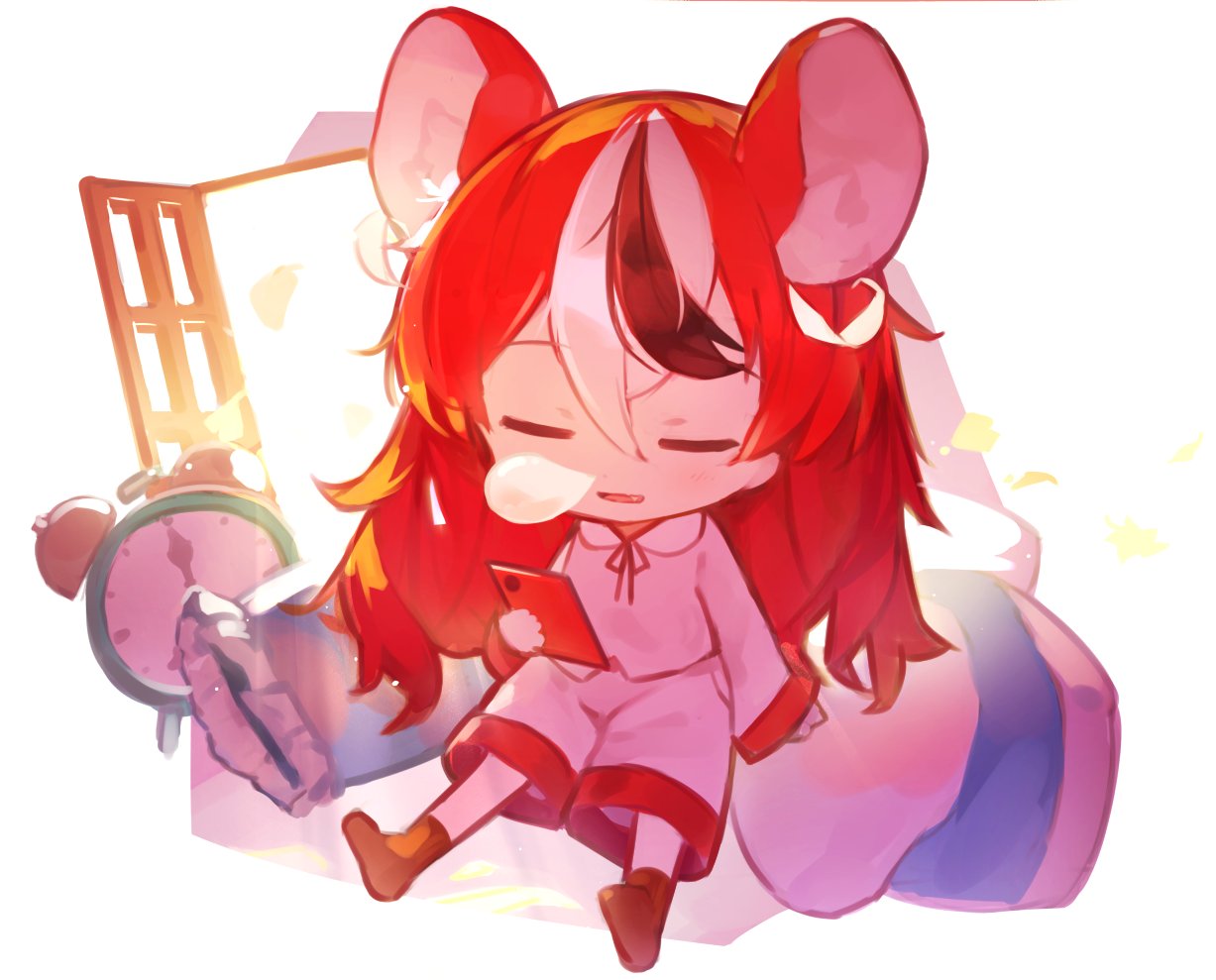 Safebooru - 1girl alarm clock animal ears cellphone chibi clock closed ...