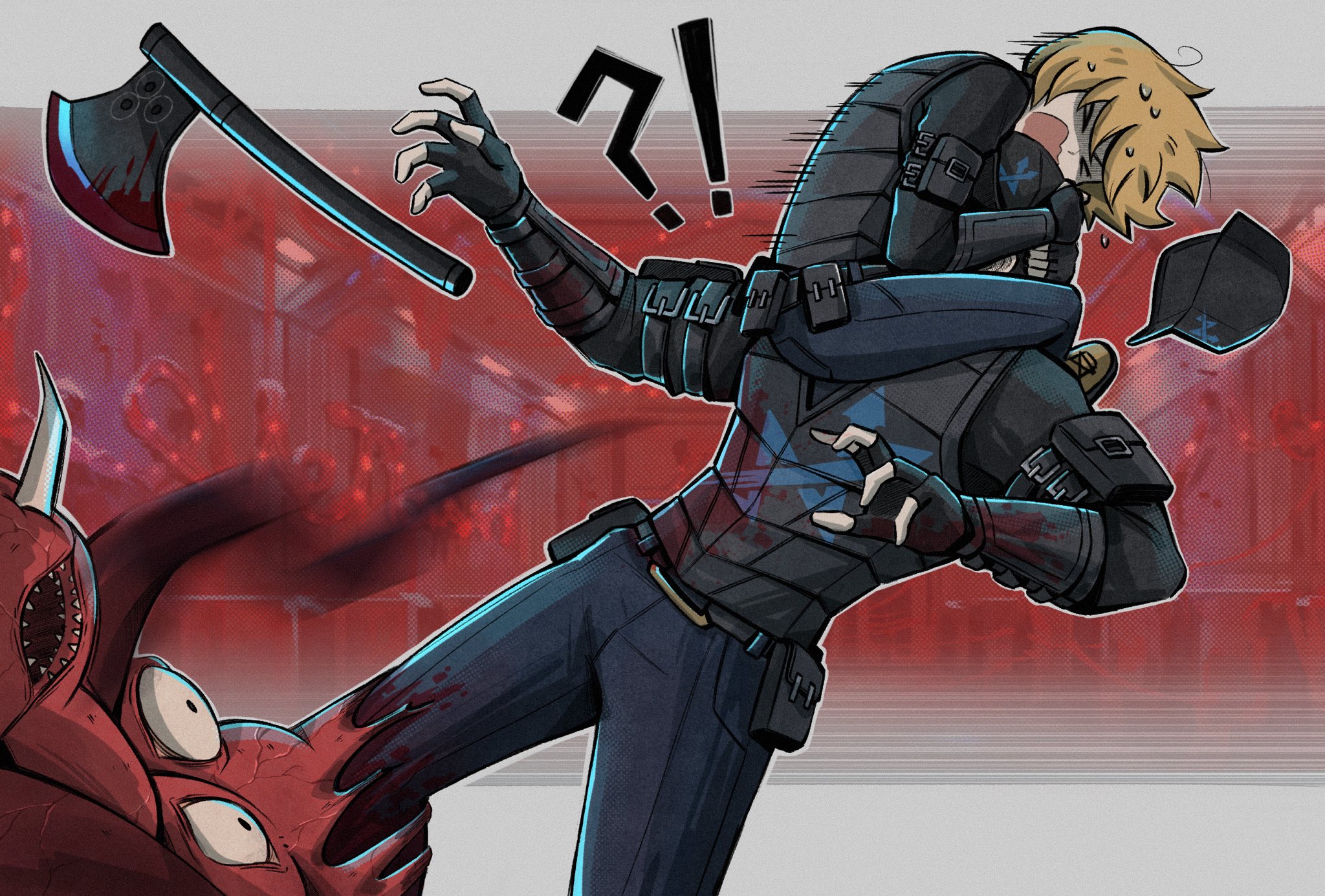 Safebooru - !? 1boy 1girl 4indroid arm pouch armor axe baseball cap belt belt pouch black eyes ...