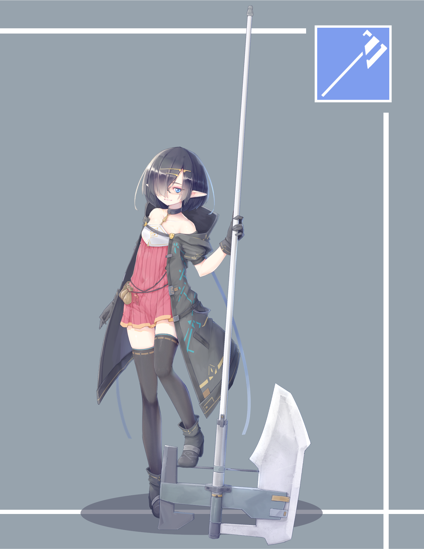 Safebooru - 1girl axe bare shoulders battle axe belt pouch black choker black cloak black ...