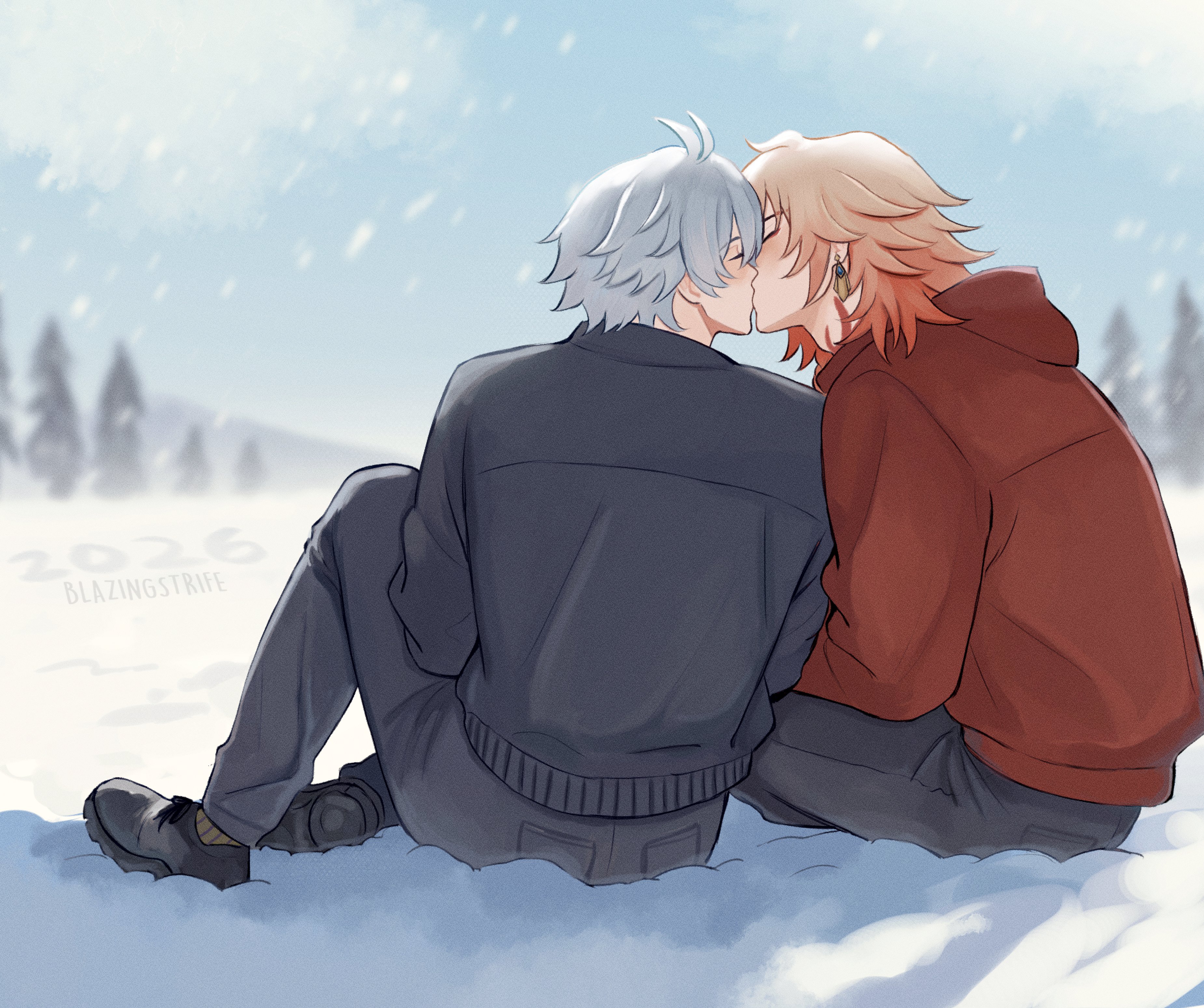 Safebooru - 2boys absurdres antenna hair artist name black jacket black ...