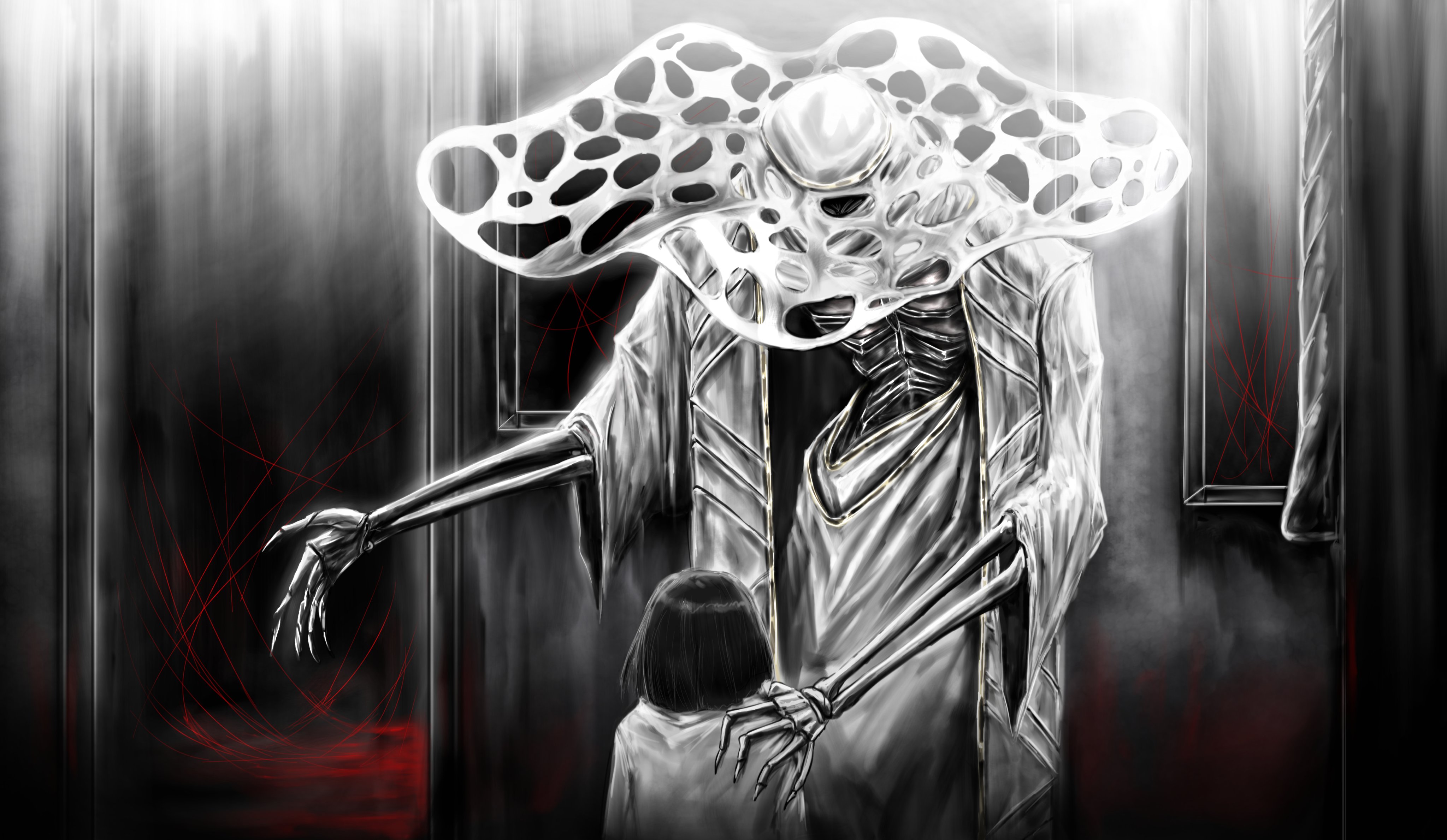 Safebooru - 1boy 1girl absurdres aged down black hair body horror bone ...