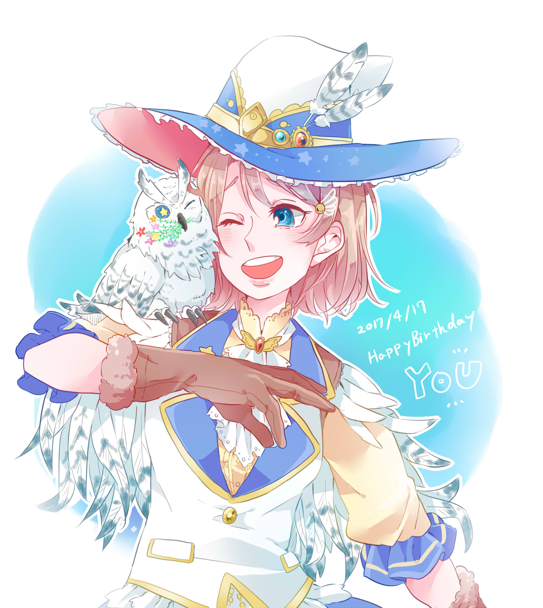 Safebooru - 1girl ;d animal on shoulder ascot bird bird on shoulder ...