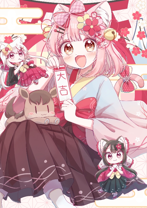 Safebooru - 3girls :d animal ear fluff animal ears bell black hair blue ...