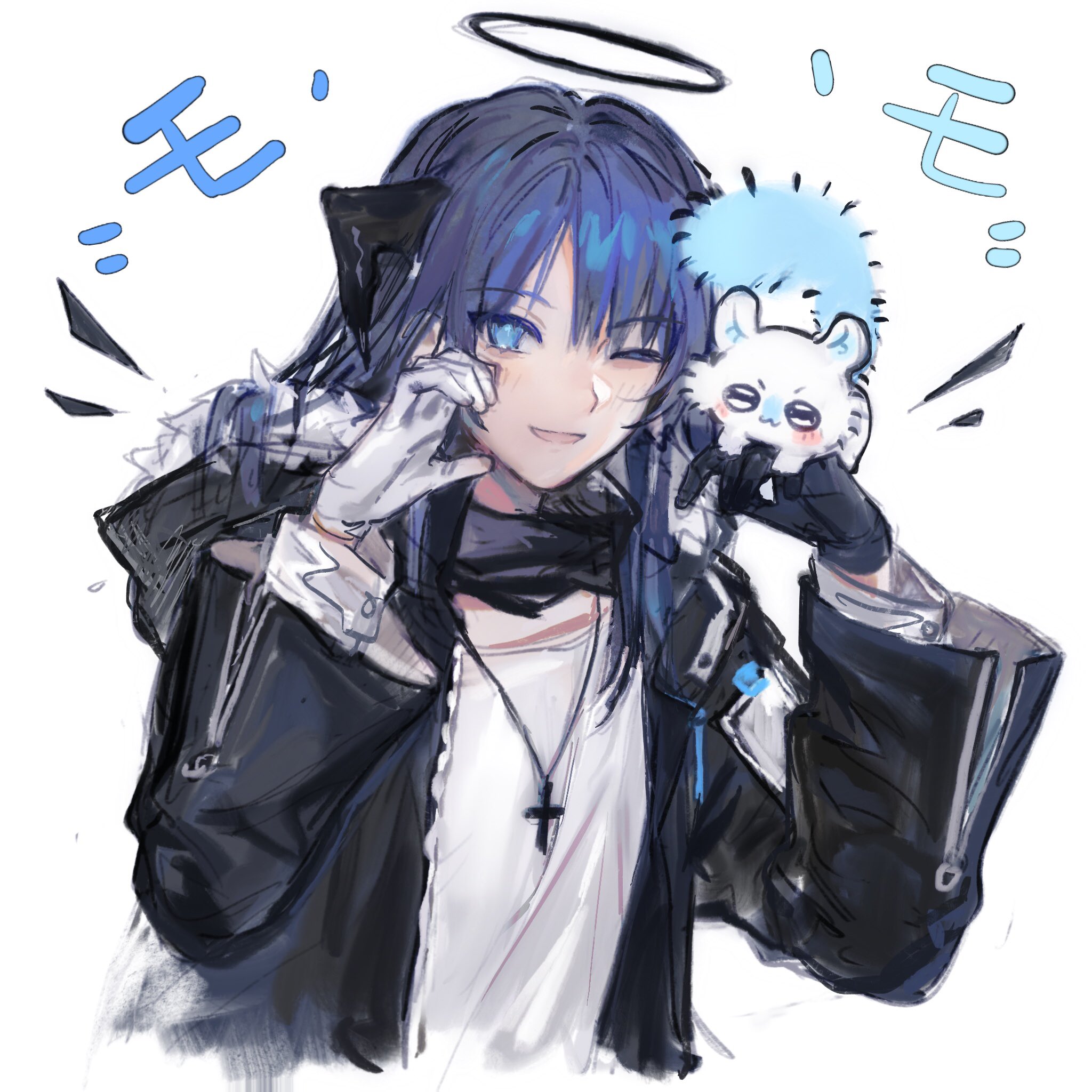 Safebooru - 1girl ;d arknights asymmetrical gloves black gloves black jacket black wings blue ...