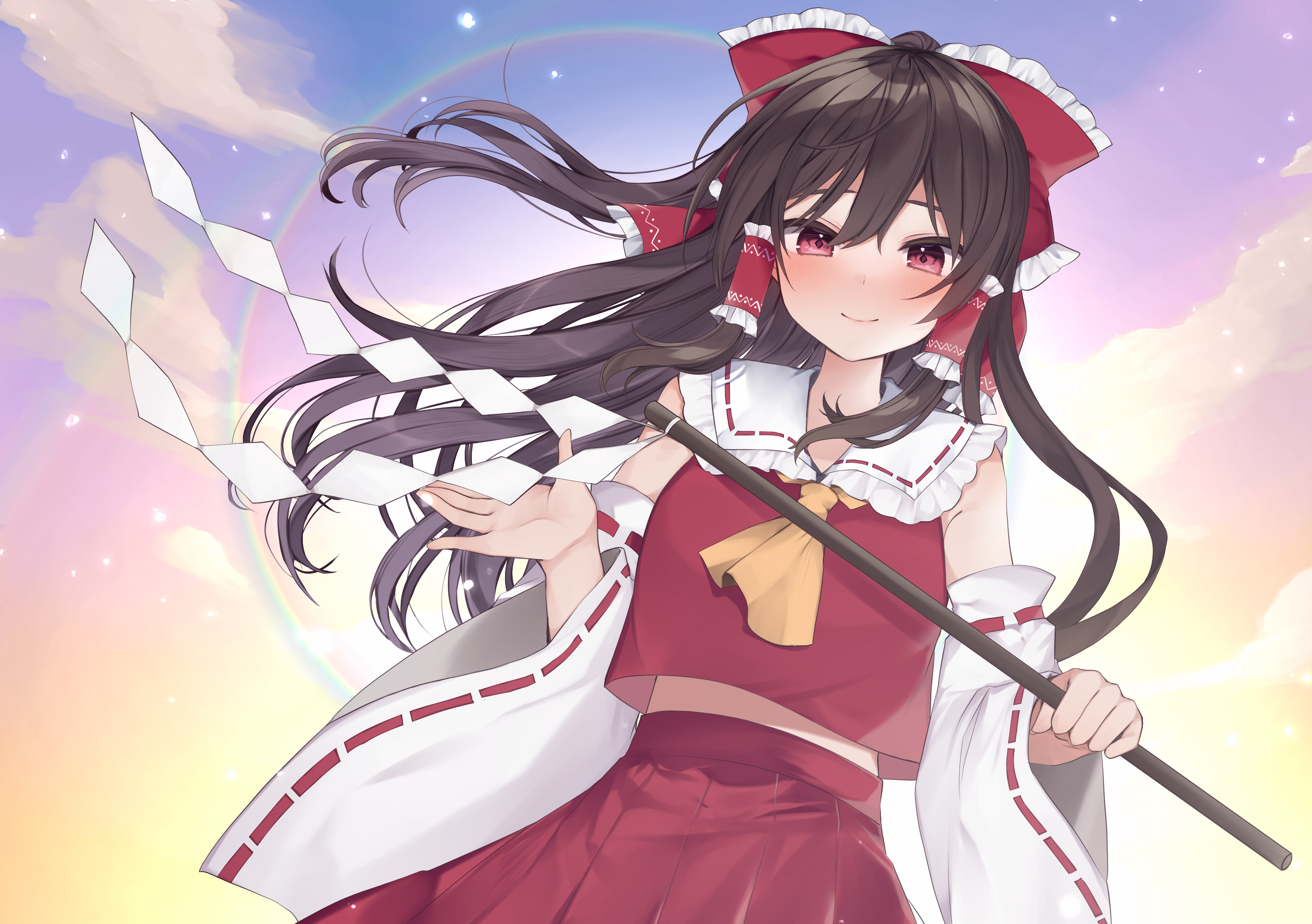 Safebooru - 1girl ascot bow brown hair closed mouth clouds collared ...