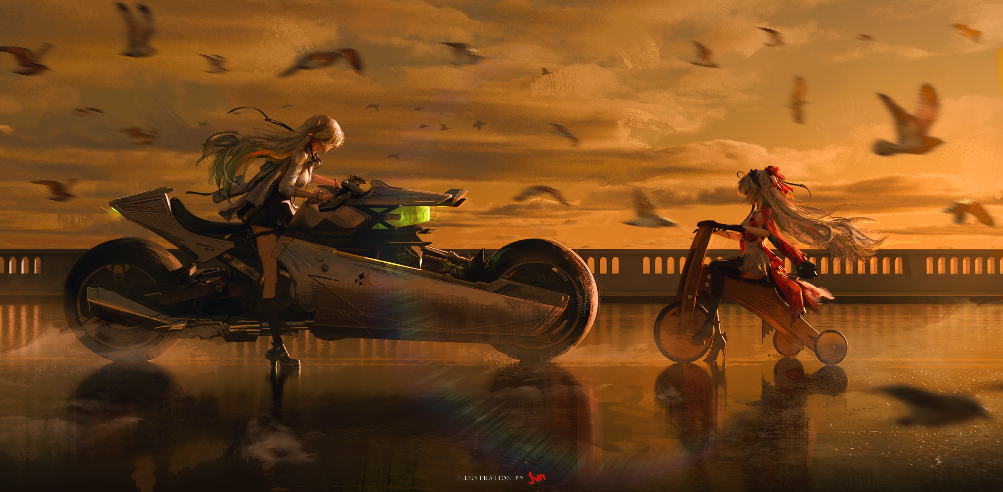 Safebooru - 2girls absurdres black gloves black skirt black socks ...