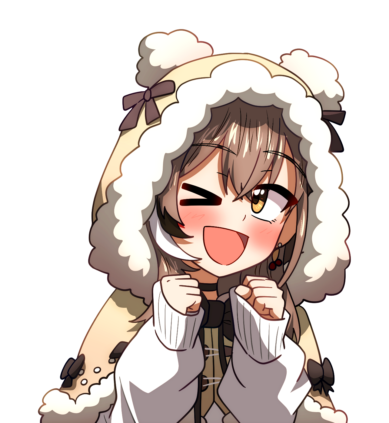 Safebooru - > o 1girl ;d blush brown eyes brown hair brown hood capelet clenched hand commentary ...