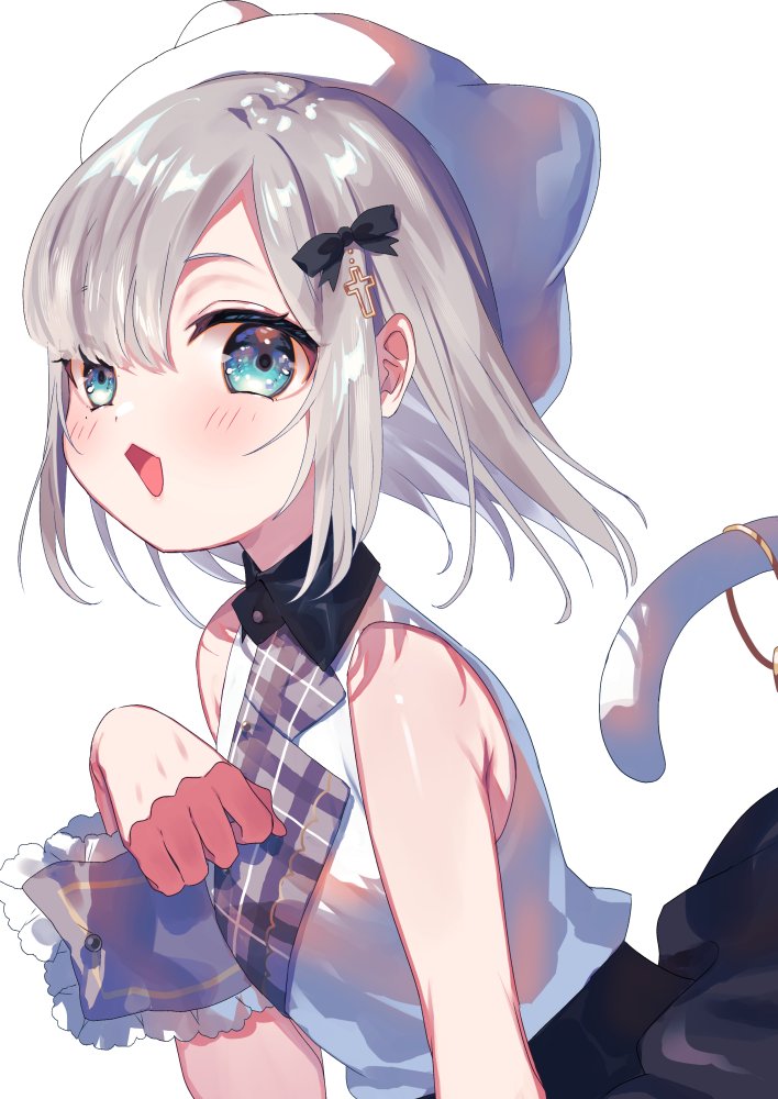 Safebooru - 1girl black ribbon blue eyes chestnut mouth cross grey hair ...