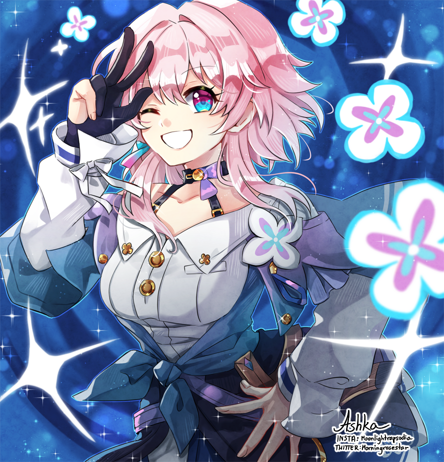 Safebooru - 1girl artist name black choker black corset black gloves blue eyes blue jacket blue ...