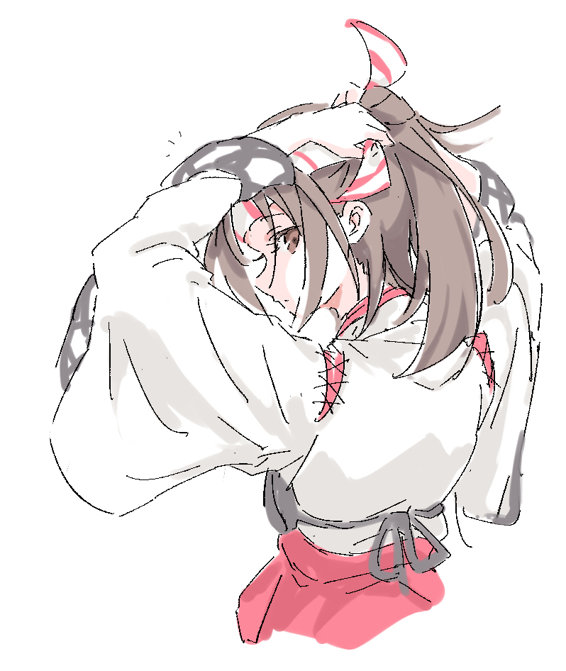 Safebooru - 1girl adjusting hair arm up brown eyes brown hair closed ...