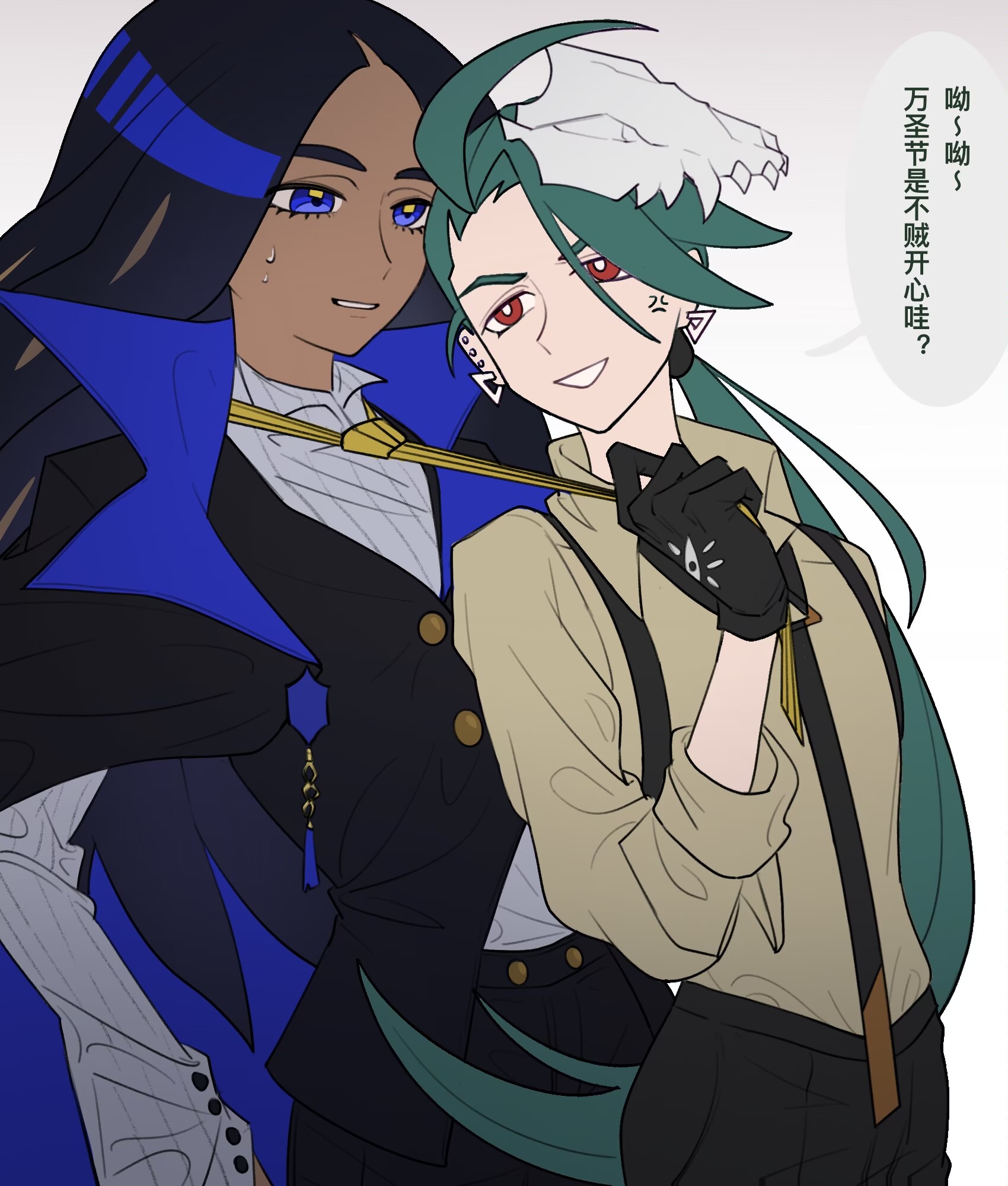 Safebooru - 2girls anger vein black gloves black hair black jacket black necktie black pants ...