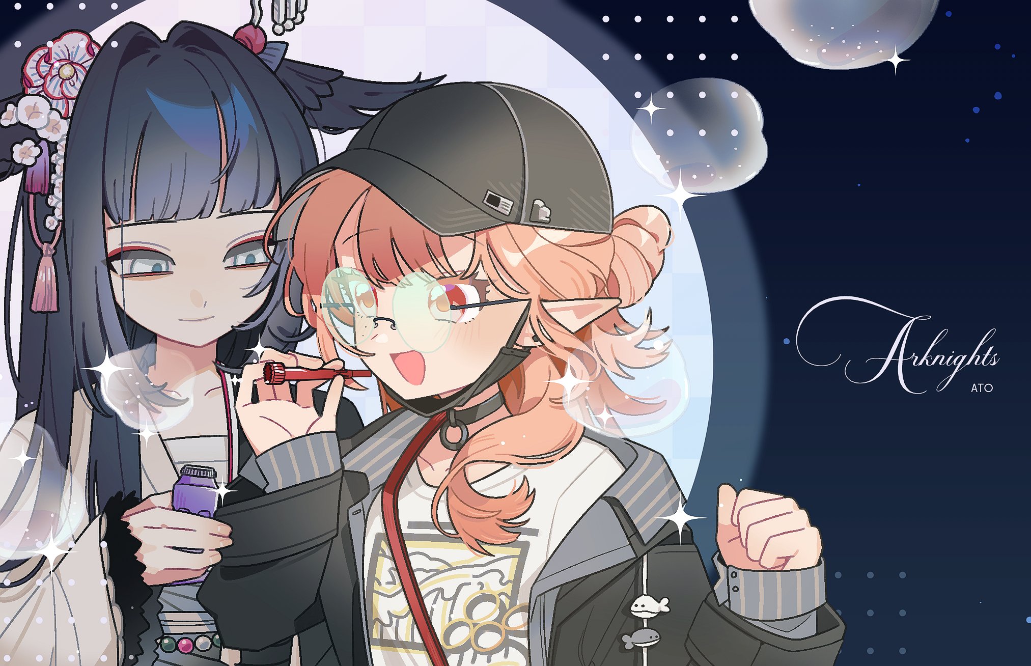 Safebooru - 2girls arknights black hair blowing bubbles blunt bangs ...