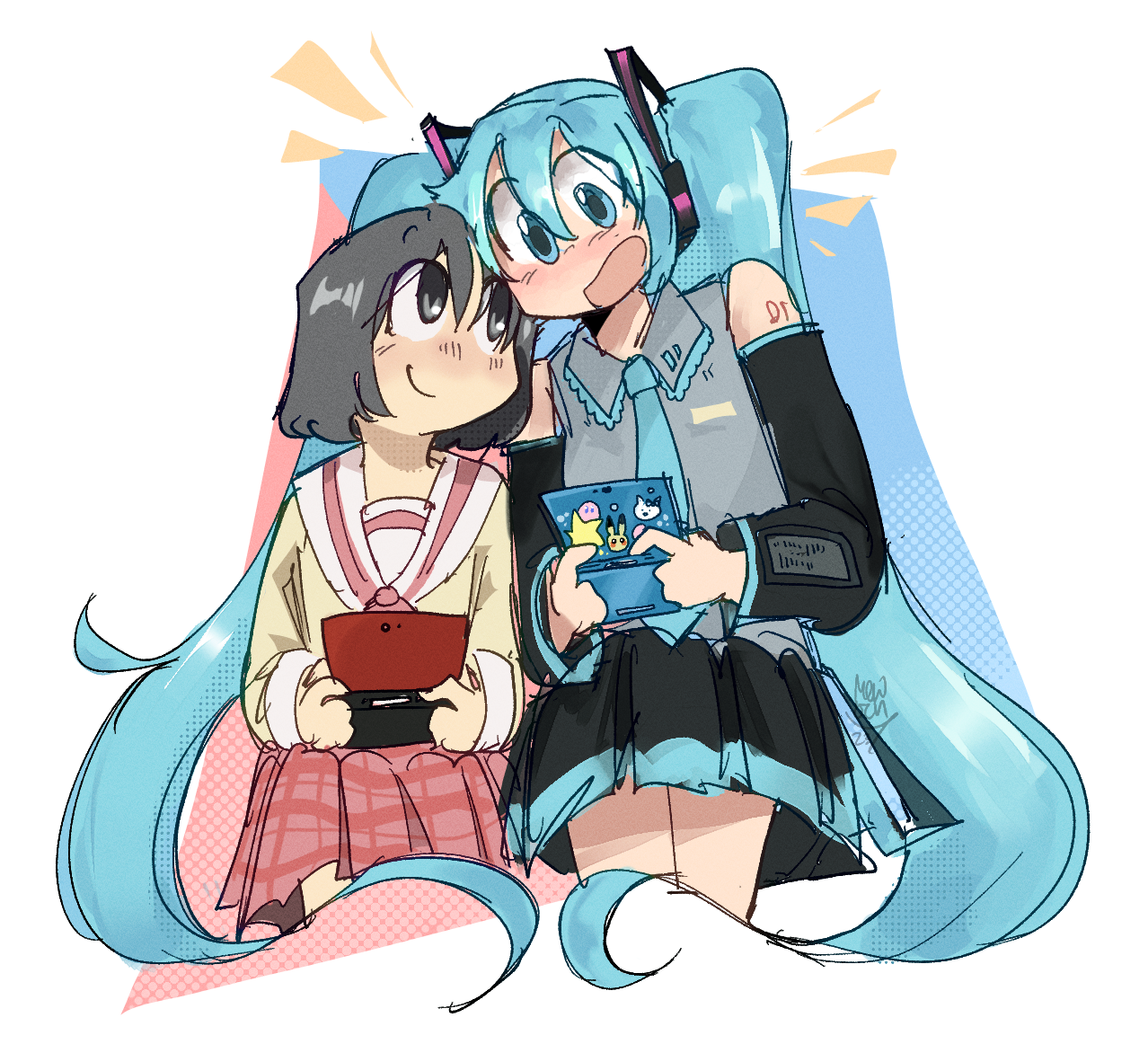 Safebooru - 2girls :d aqua eyes aqua hair aqua necktie black eyes black hair black skirt blush ...