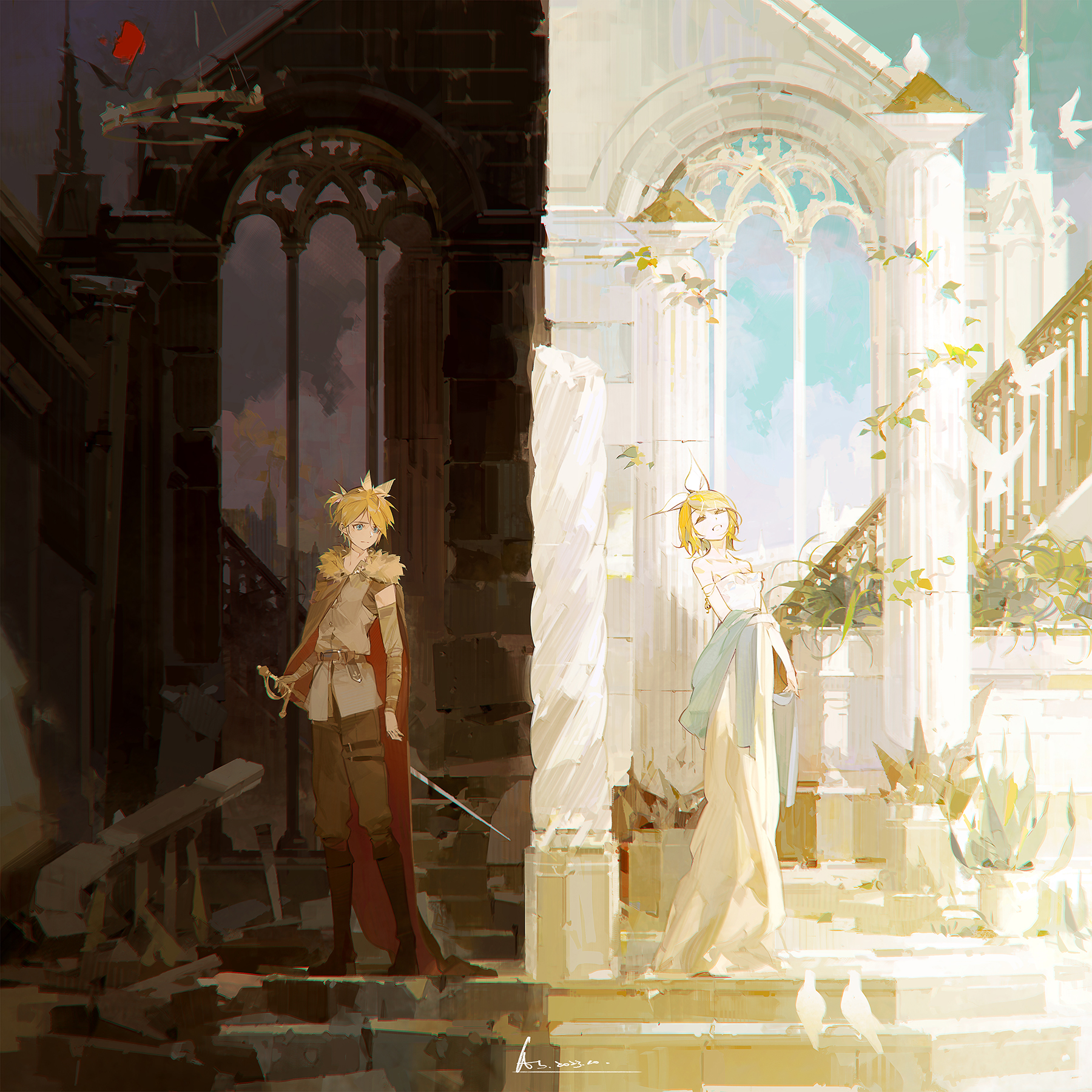 Safebooru - 1boy 1girl a-shacho animal armlet belt bird blonde hair blue eyes boots bow brother ...