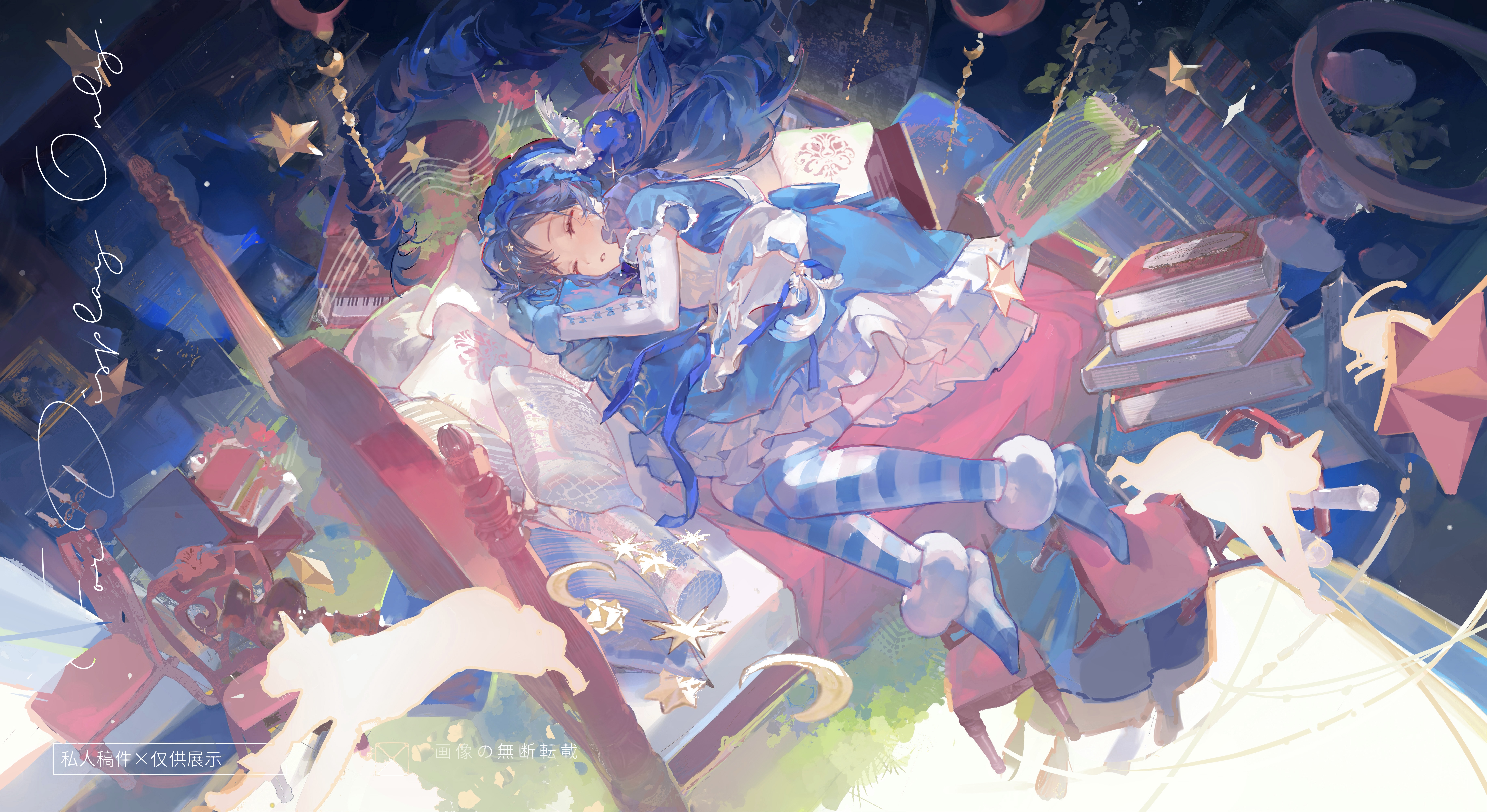 Safebooru - 1girl absurdres animal bed bed sheet blanket blue bow blue ...