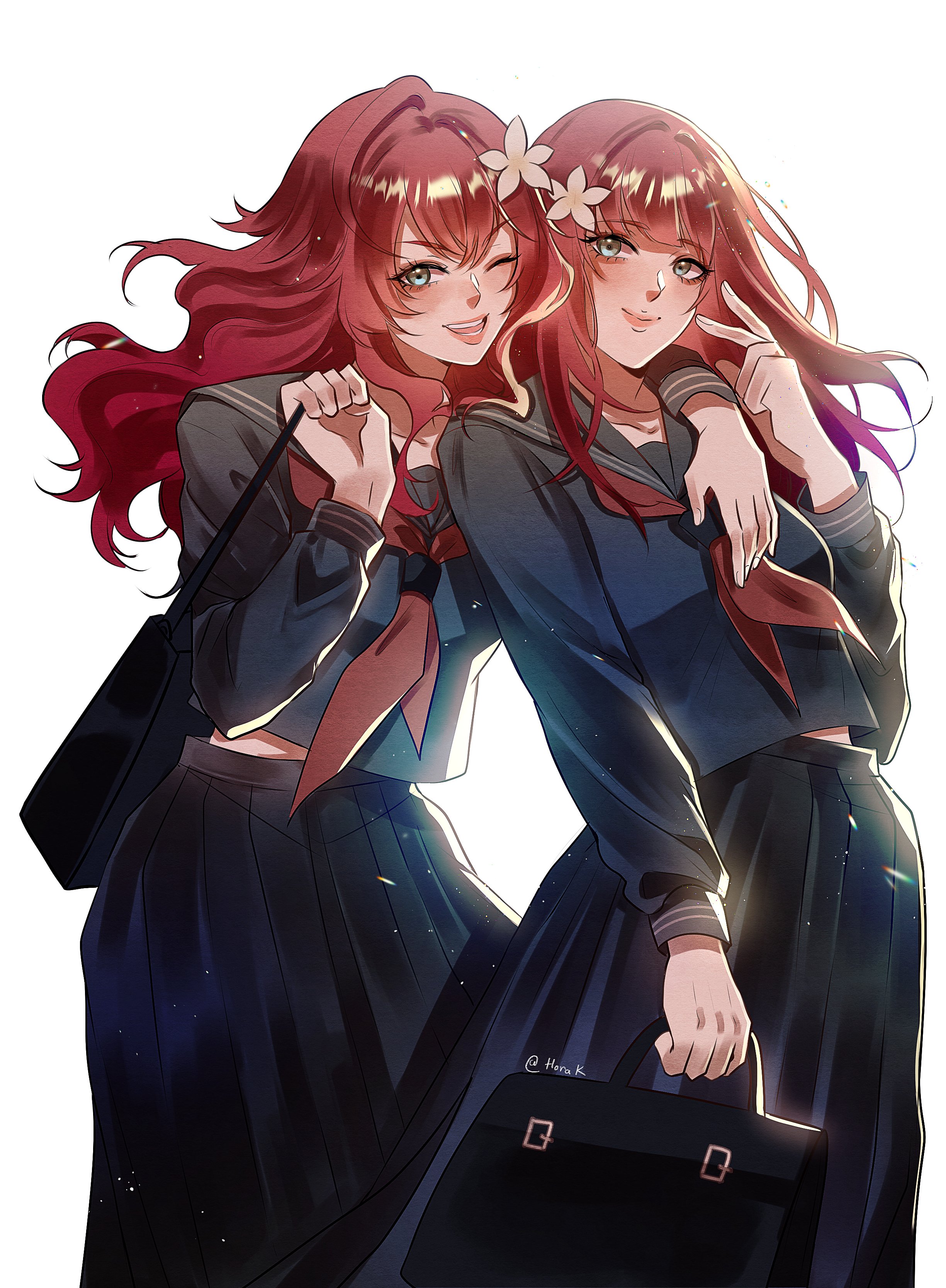 Safebooru - 2girls absurdres arm over shoulder bag devola double-parted bangs flower hair flower ...