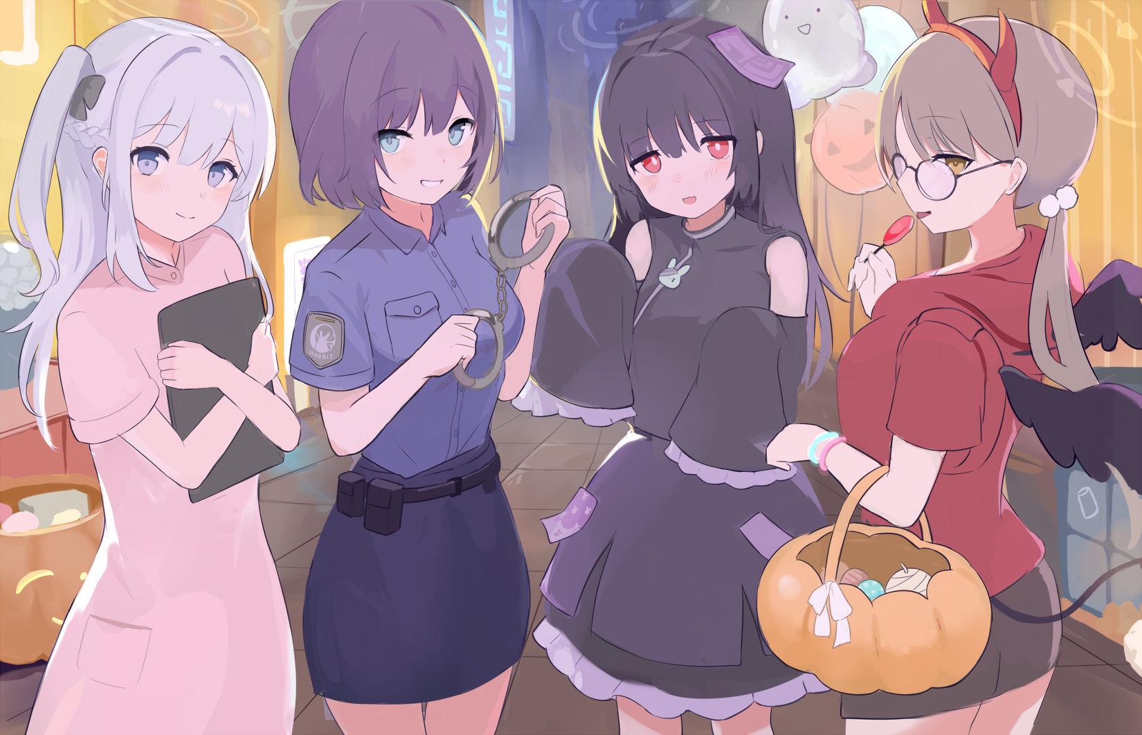 Safebooru - 4girls alternate costume aqua eyes bare shoulders belt pouch black wings blue ...