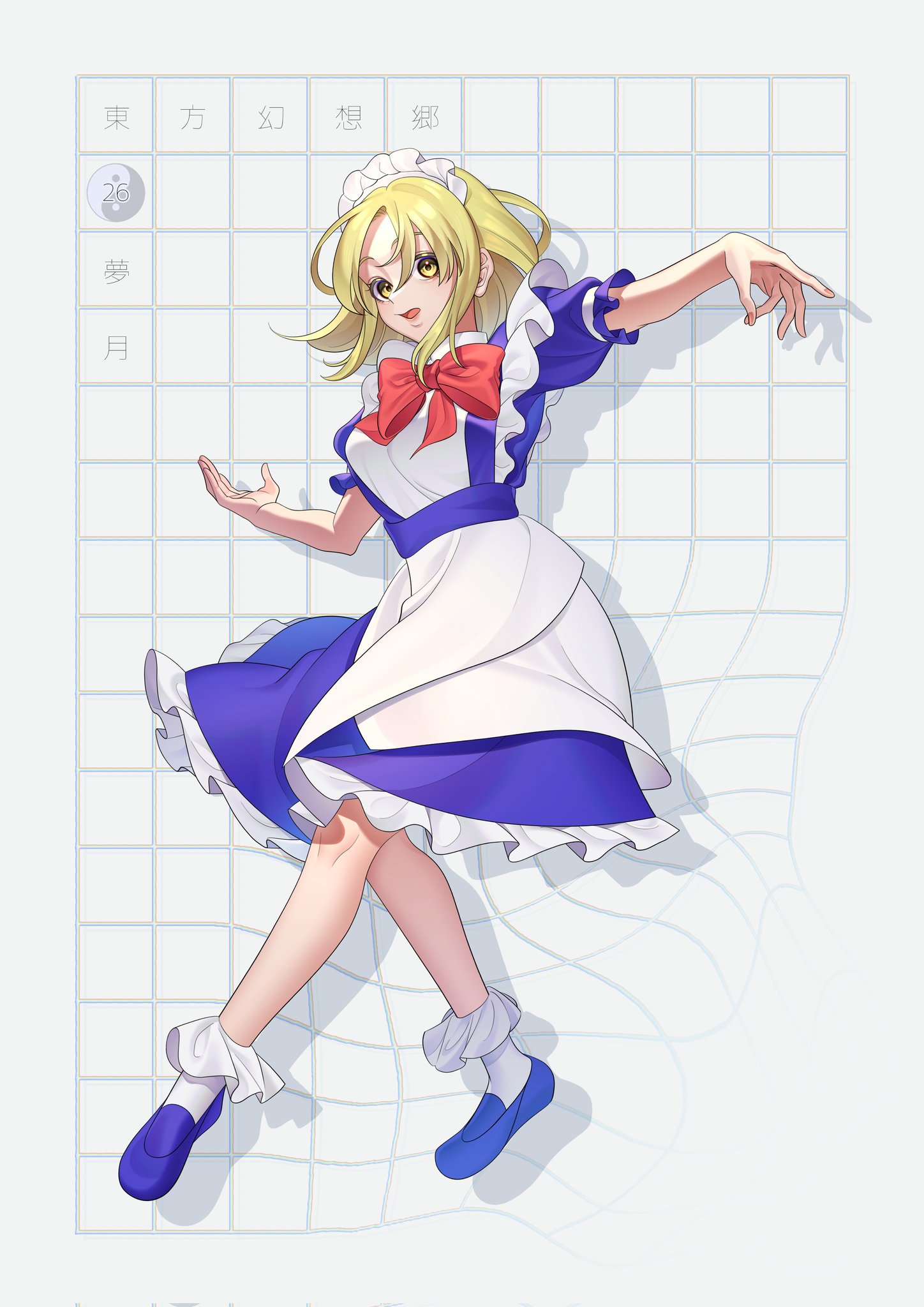 Safebooru - 1girl apron blonde hair blue dress bow dress grid grid background guumin highres ...