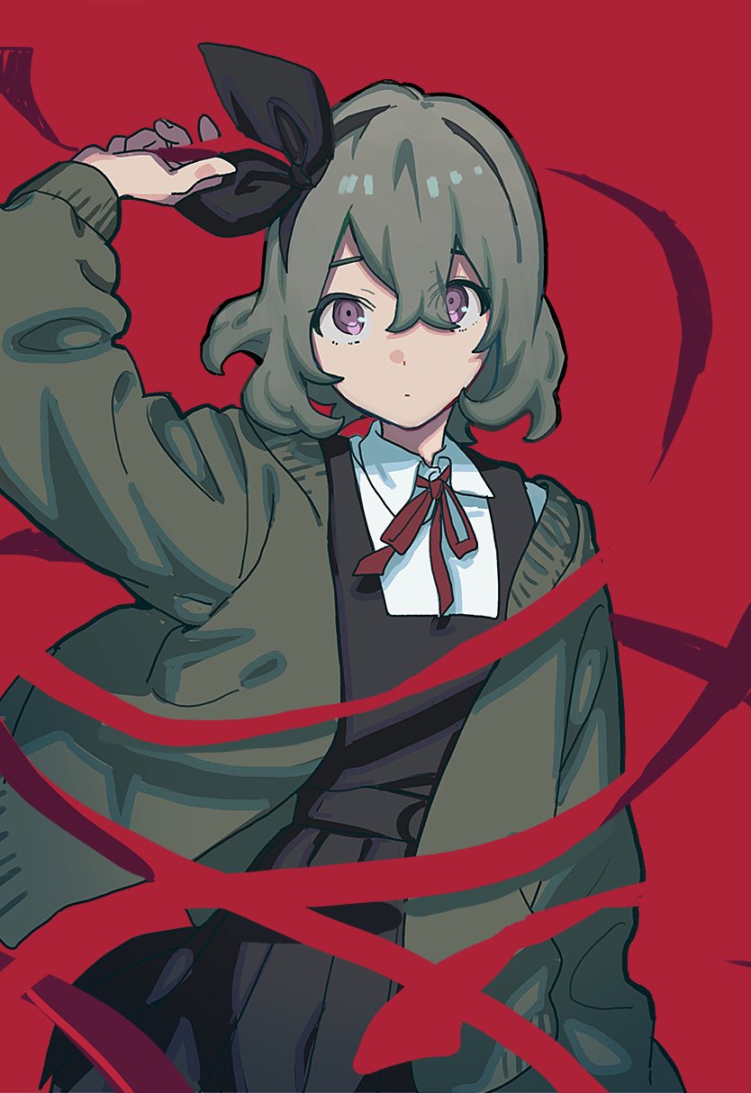 Safebooru - 1girl arm up black skirt black vest closed mouth collared shirt green hair green ...