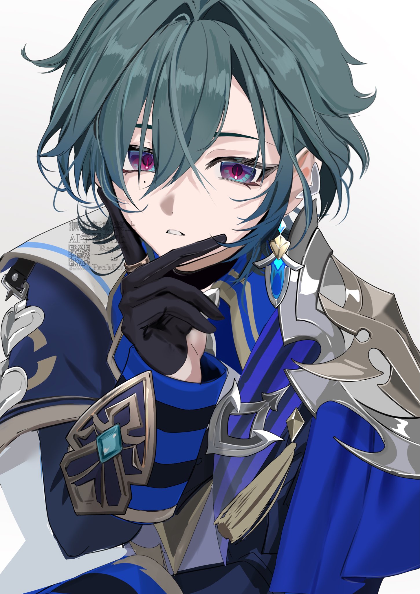 Safebooru - 1boy aqua eyes black gloves commentary request earrings ...