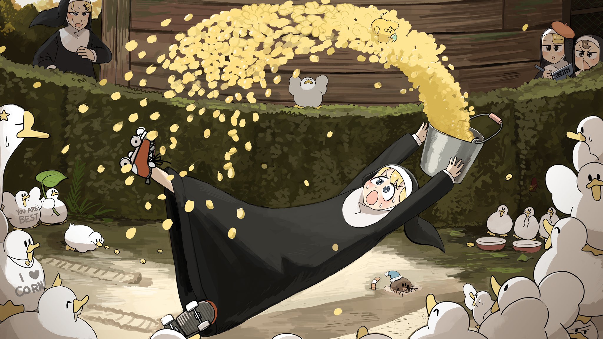 Safebooru - 4girls :o beret bird blonde hair blue eyes body writing bowl brown hair bucket ...