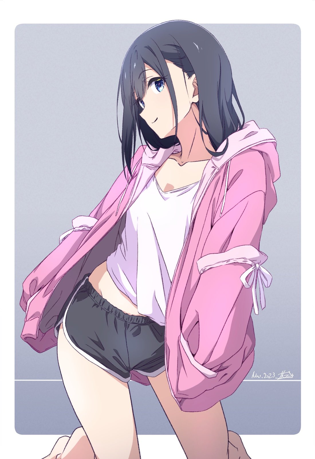 Safebooru - 1girl artist name black hair black shorts blue background blue eyes border ...