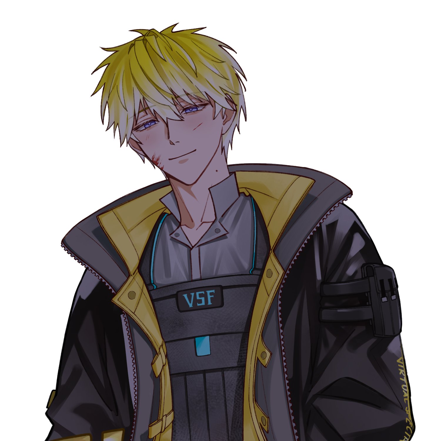 Safebooru - 1boy black jacket blonde hair blood blood on face blue eyes bulletproof vest chi ri ...