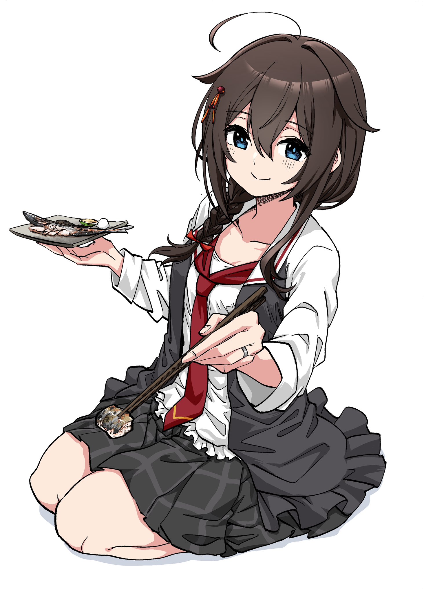 Safebooru - 1girl ahoge black skirt blue eyes blush braid brown hair chopsticks closed mouth ...