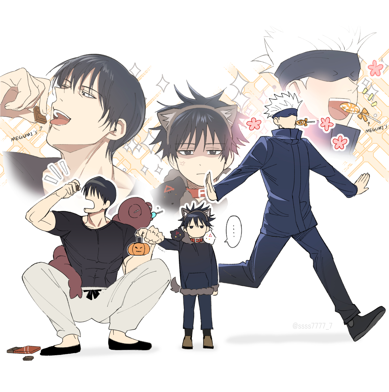 Safebooru - 3boys :d anger vein animal ears arm up belt black belt black blindfold black eyes ...