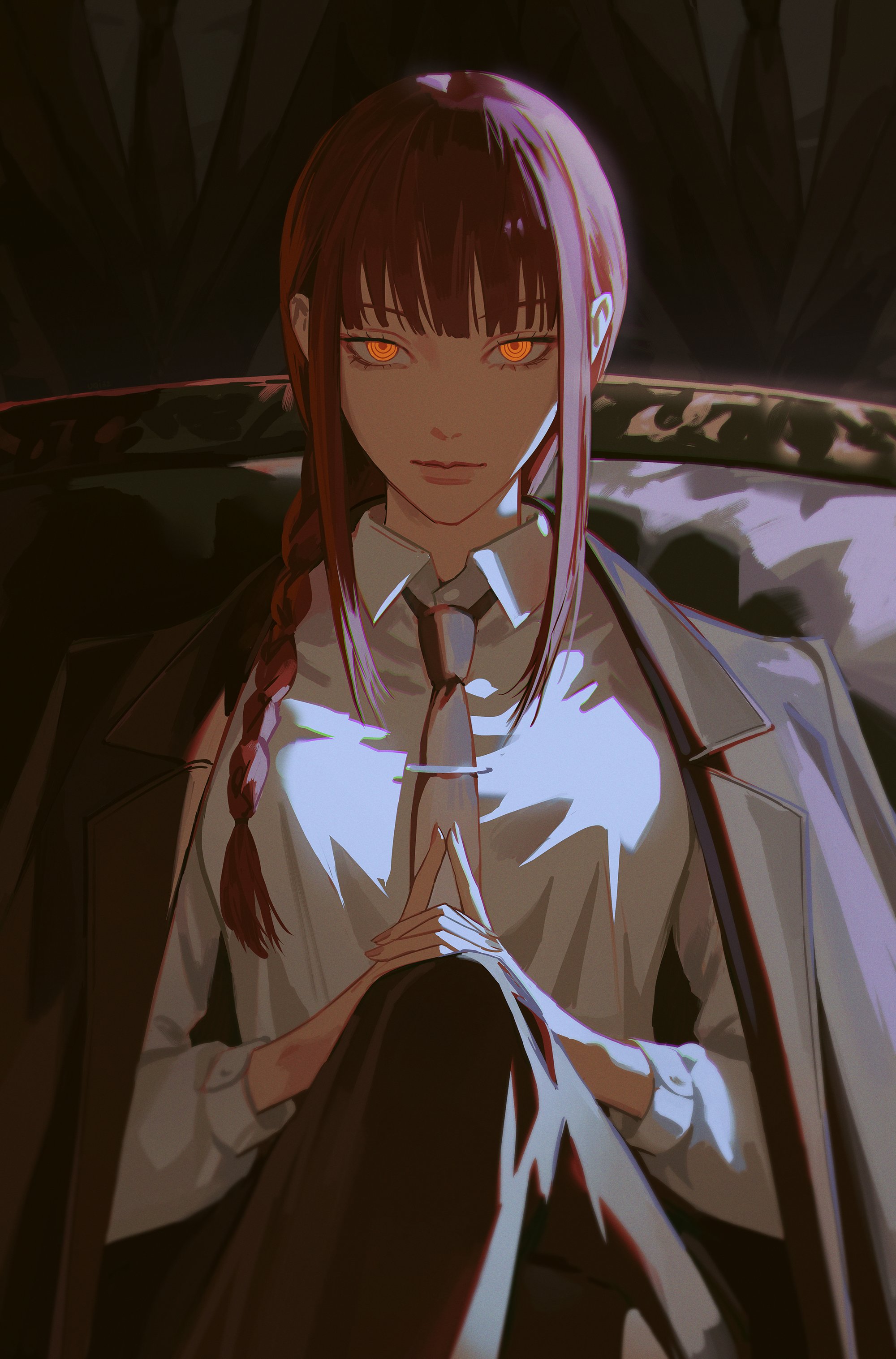 Safebooru - 1girl absurdres black background black jacket black pants braid breasts brown ...