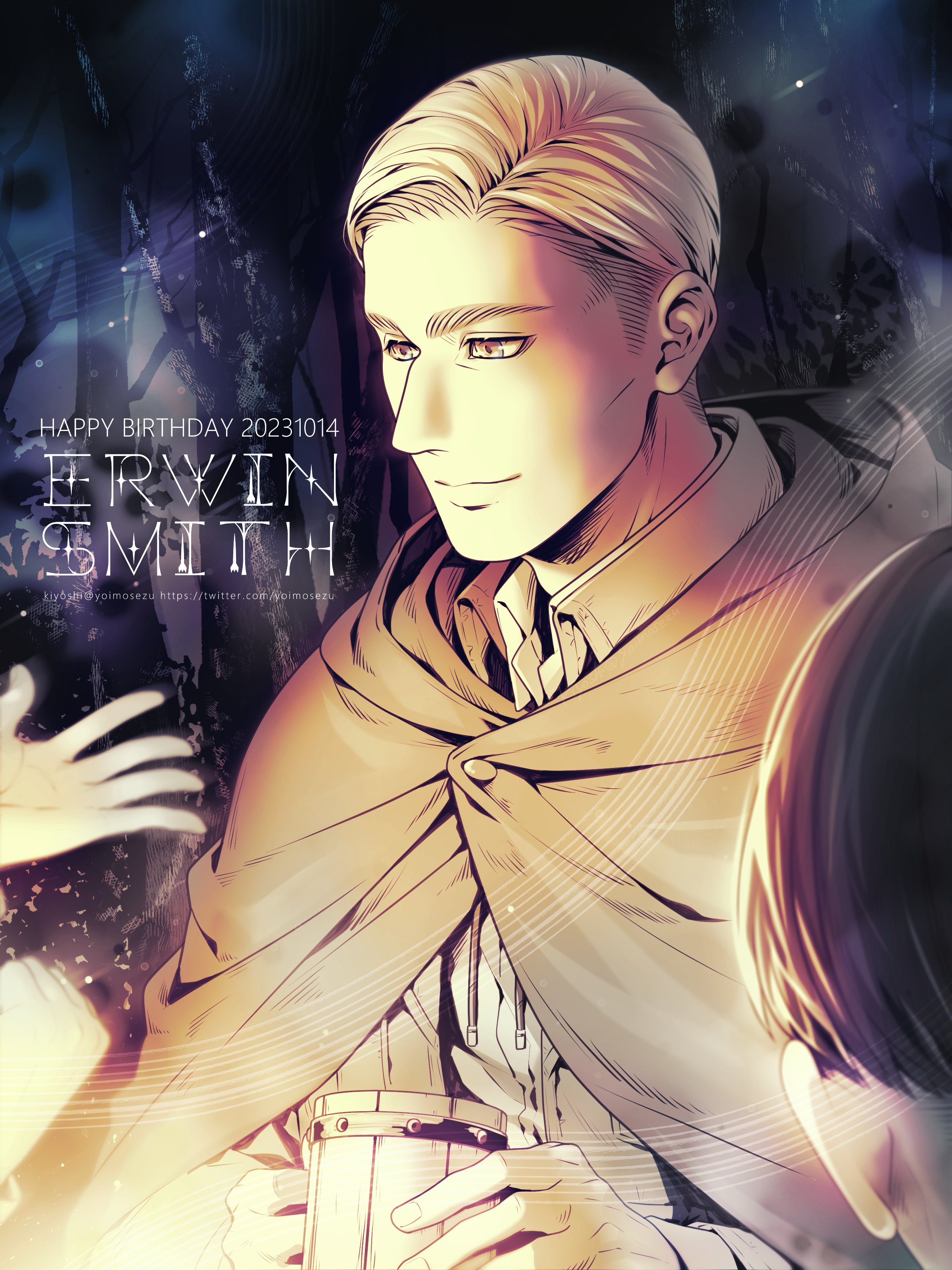 Safebooru - 1boy absurdres bare tree blonde hair blue eyes campfire cup erwin smith fire light ...