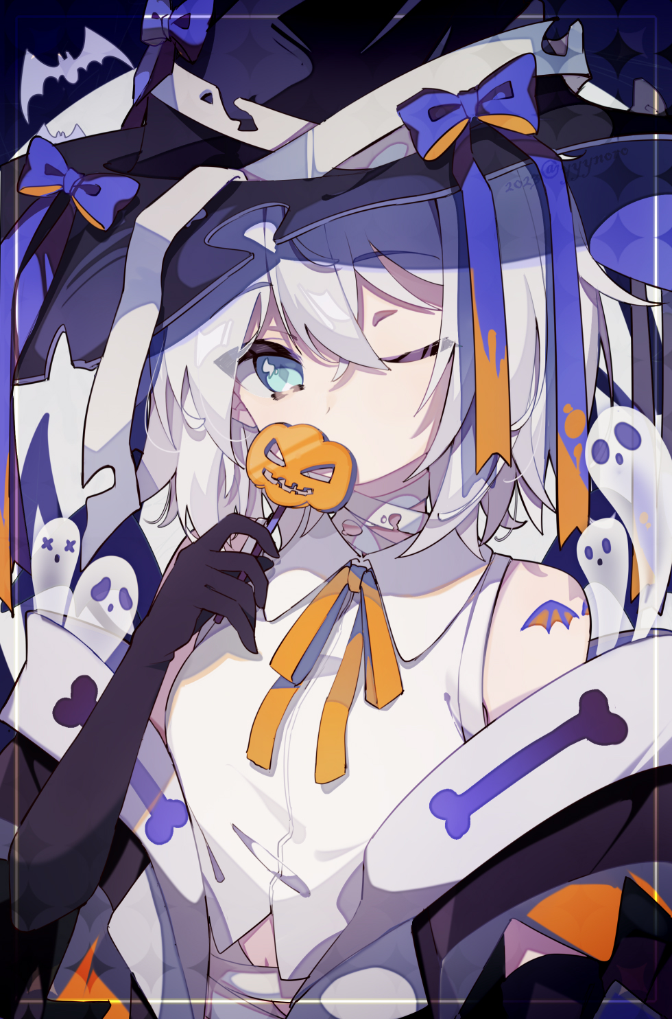 Safebooru - 1girl ars almal bare shoulders black gloves black headwear black jacket blue bow ...