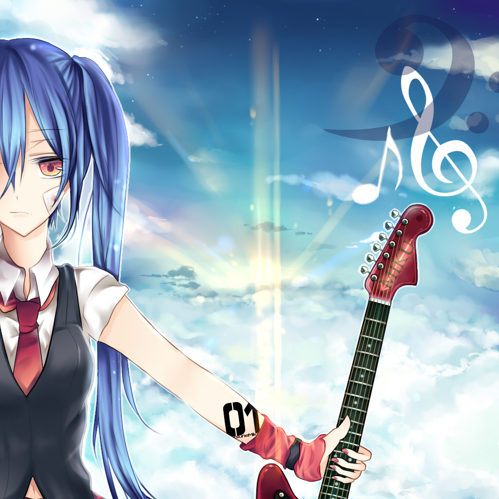 Safebooru - bandaid blue hair cloud clouds cyan (myumyunanaco) guitar ...