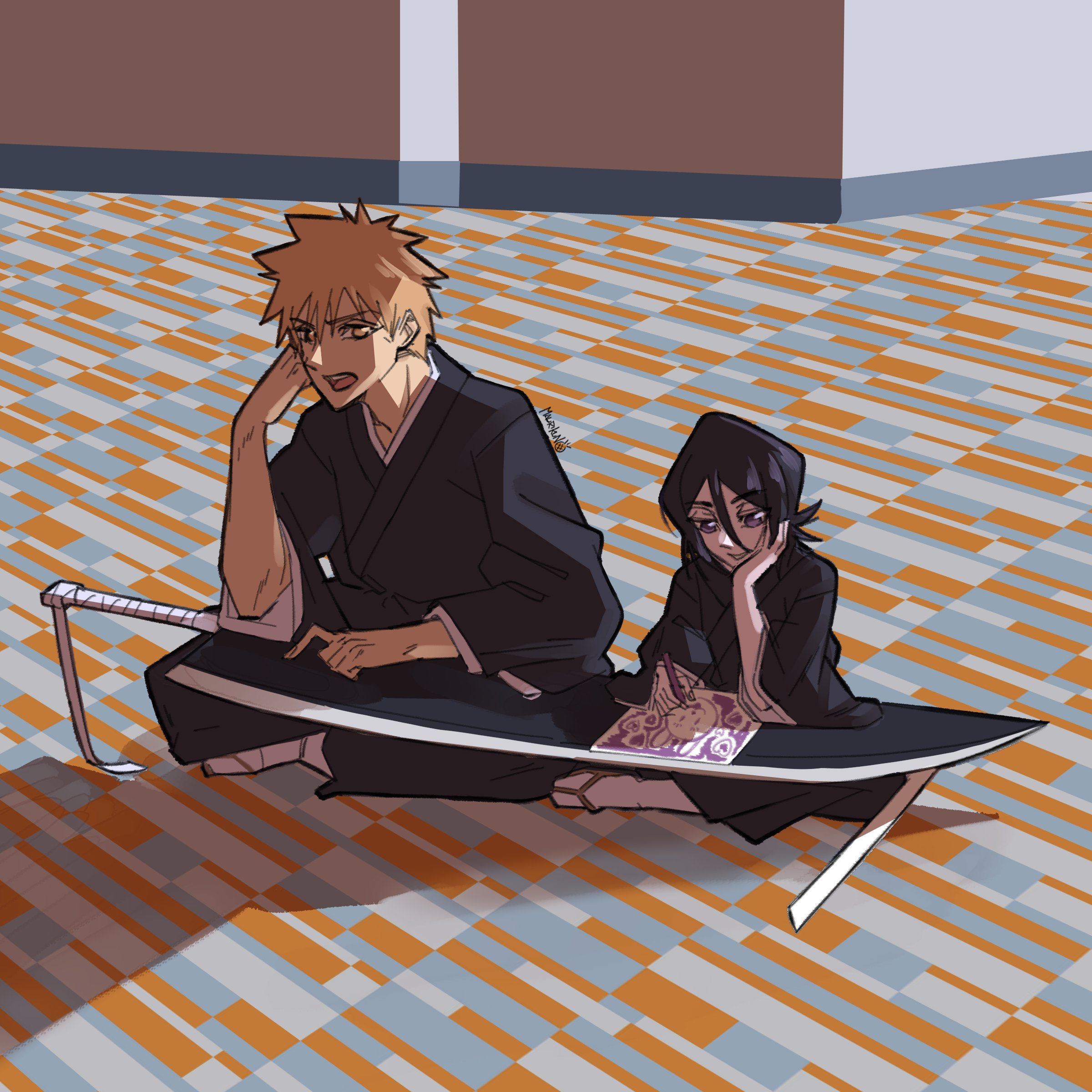 Safebooru - 1boy 1girl absurdres arm support artist name black hair ...