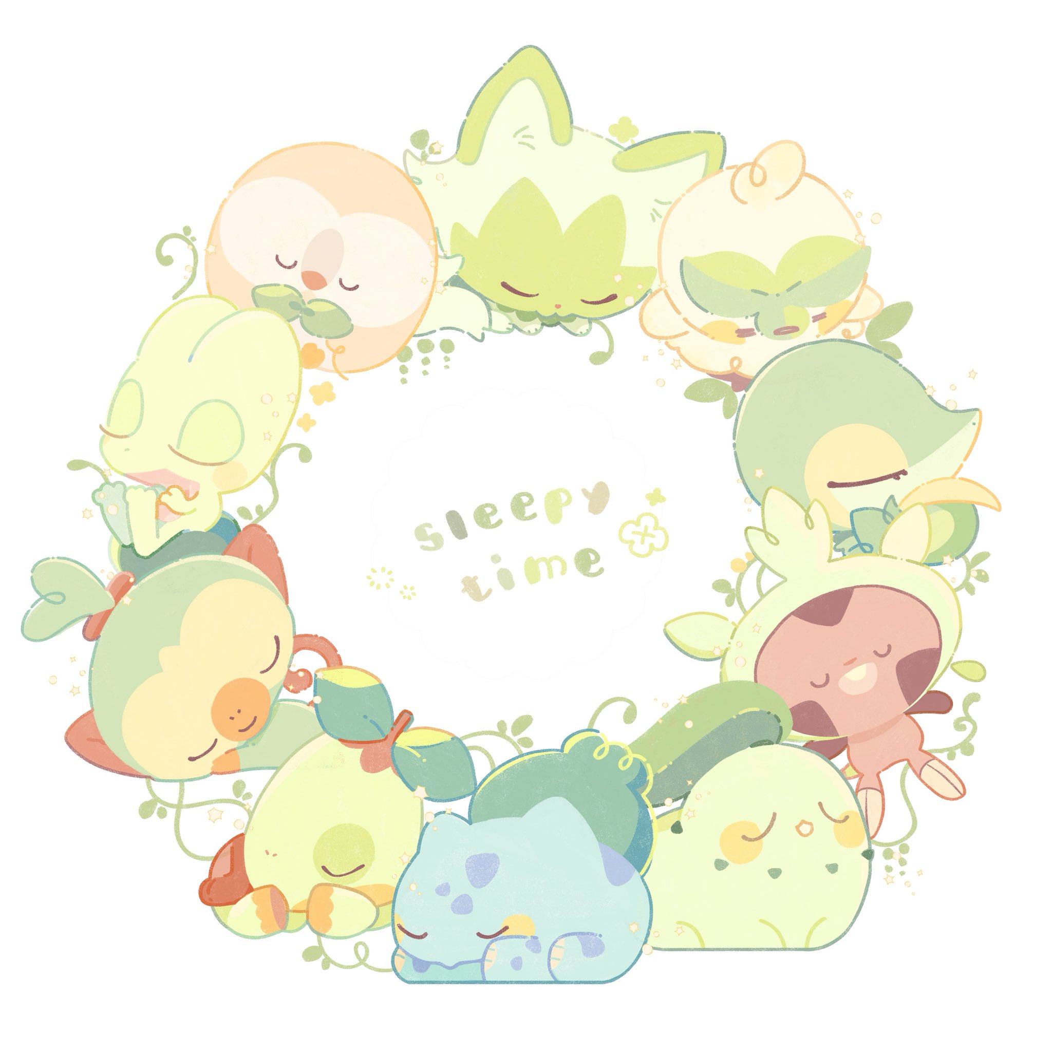 Safebooru - blush browt bulbasaur chespin chikorita closed eyes closed ...