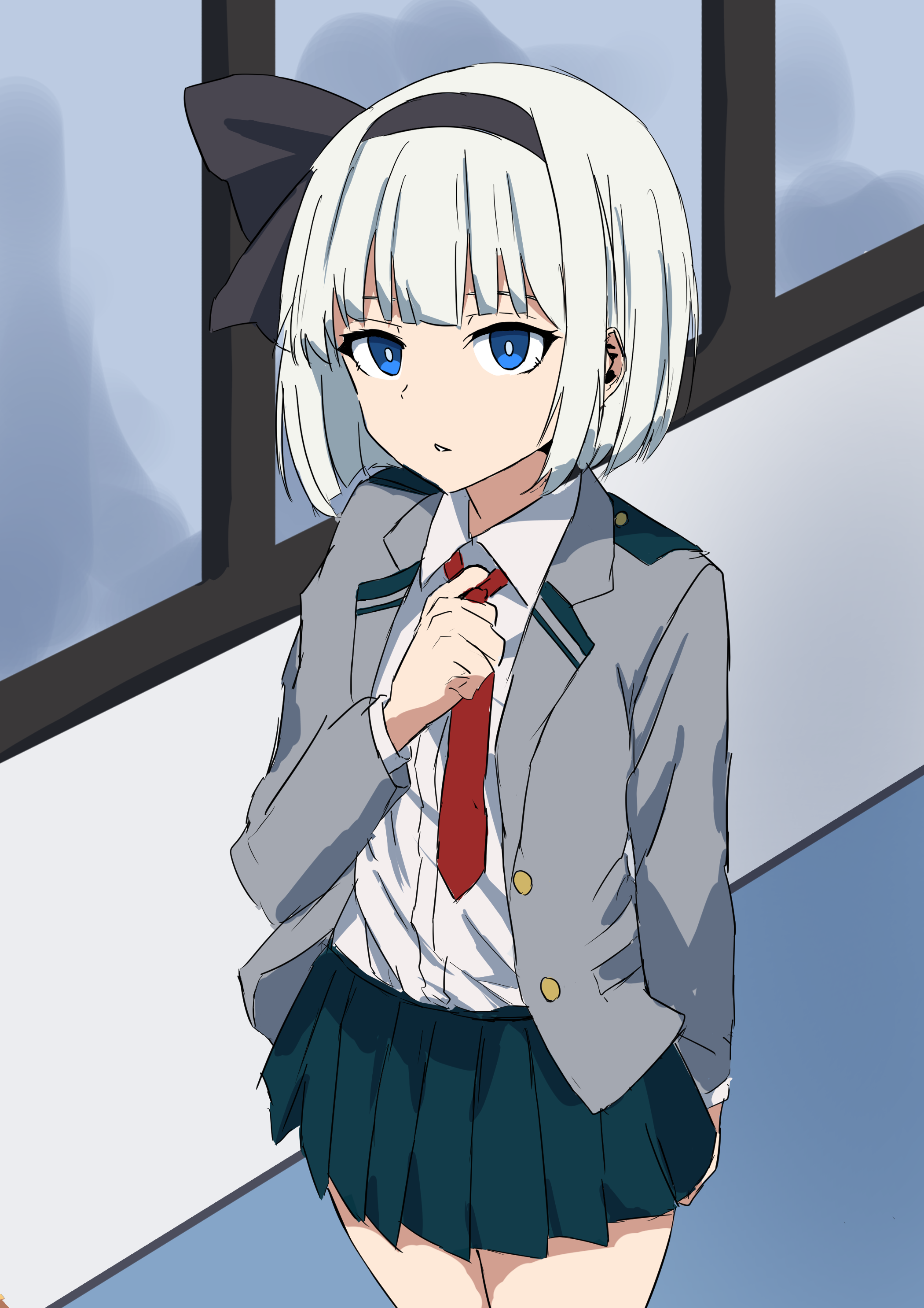 Safebooru - 1girl absurdres adjusting clothes adjusting necktie alternate costume arm at side ...