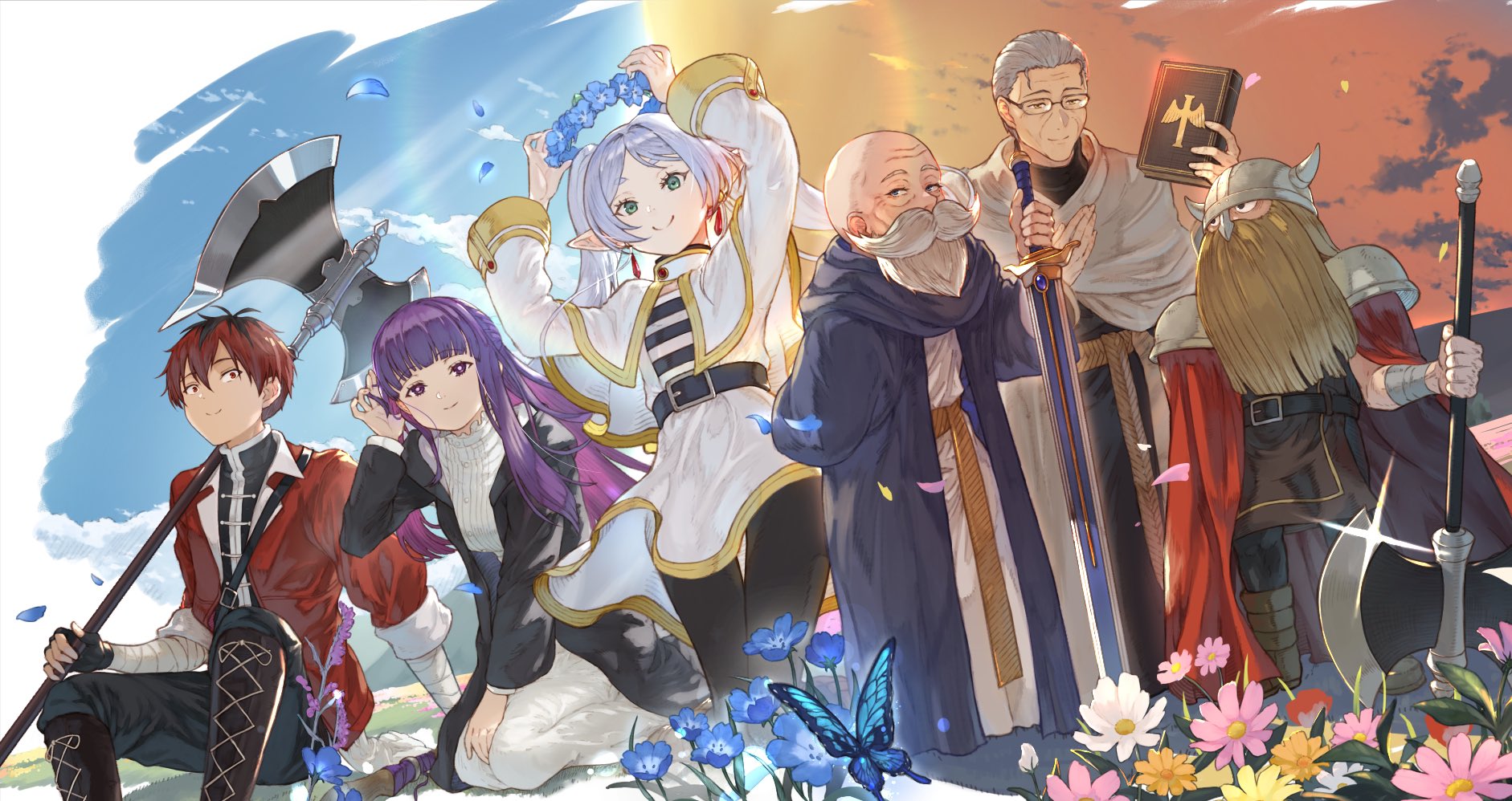 Safebooru - 2girls 4boys arm behind back arms up axe bald battle axe beard belt black belt black ...