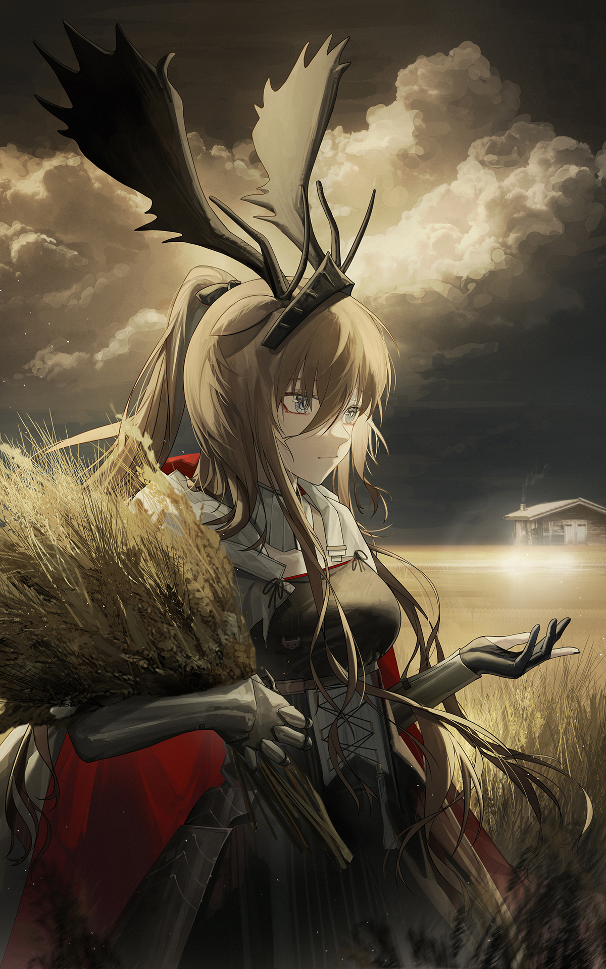Safebooru - 1girl animal ears antlers arknights black dress black gloves black sky blue eyes ...