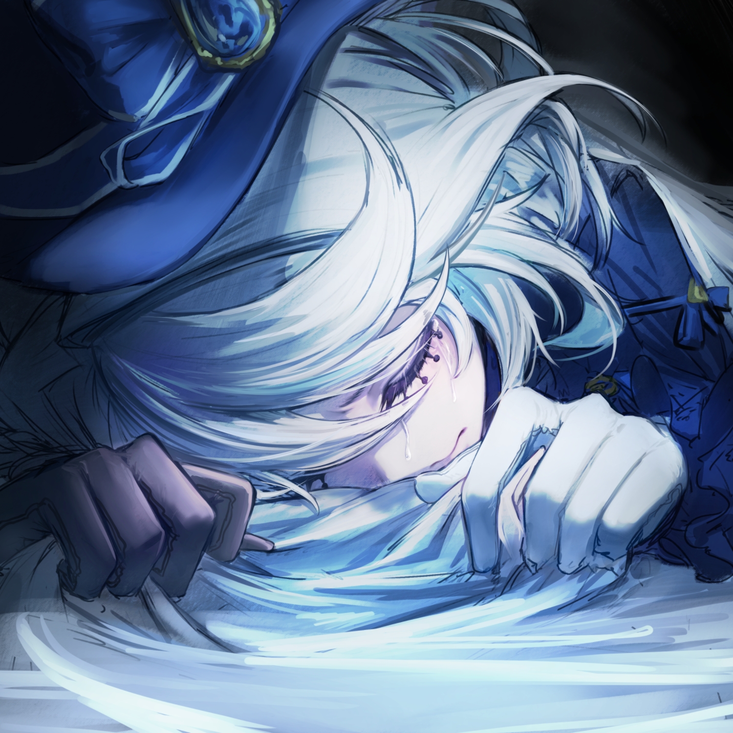 Safebooru - 1girl asymmetrical gloves black gloves blue eyes blue hair blue headwear closed eyes ...