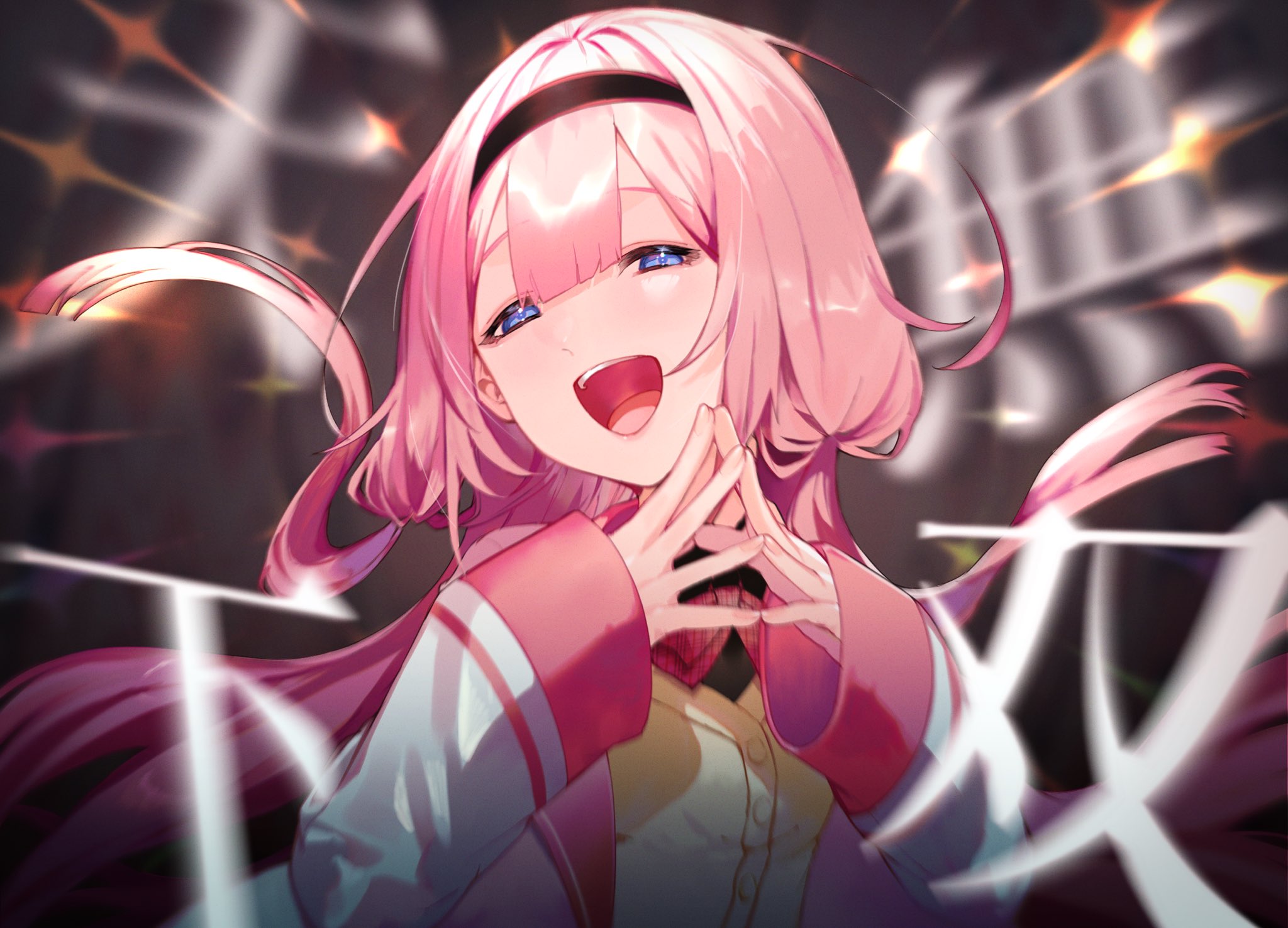 Safebooru - 1girl :d black hairband black shirt blue eyes blunt bangs blurry blurry foreground ...