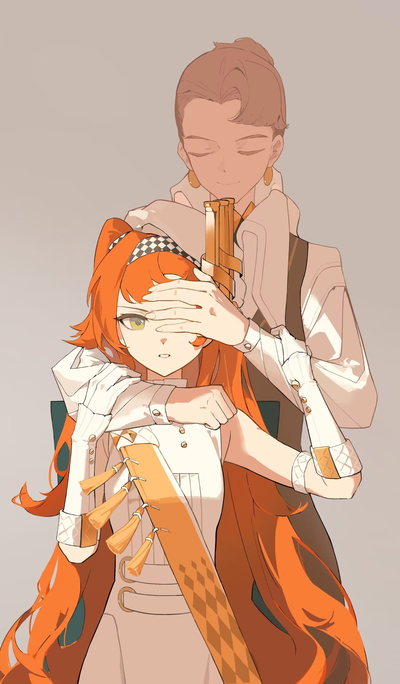 Safebooru - 2girls absurdres checkered hairband closed eyes closed mouth commentary constantine ...