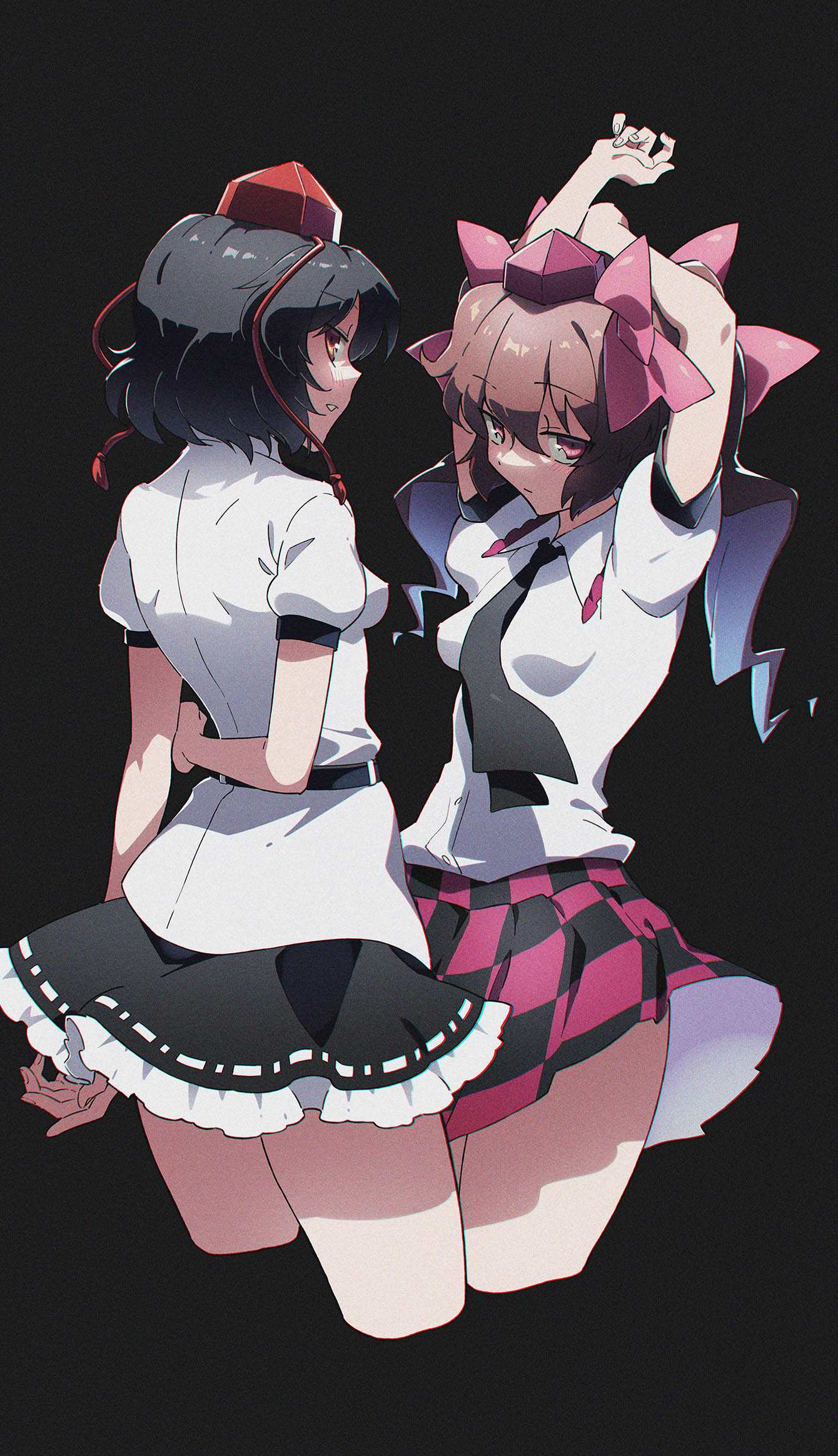 Safebooru - 2girls :/ arm behind back arms behind head bare legs belt black background black ...