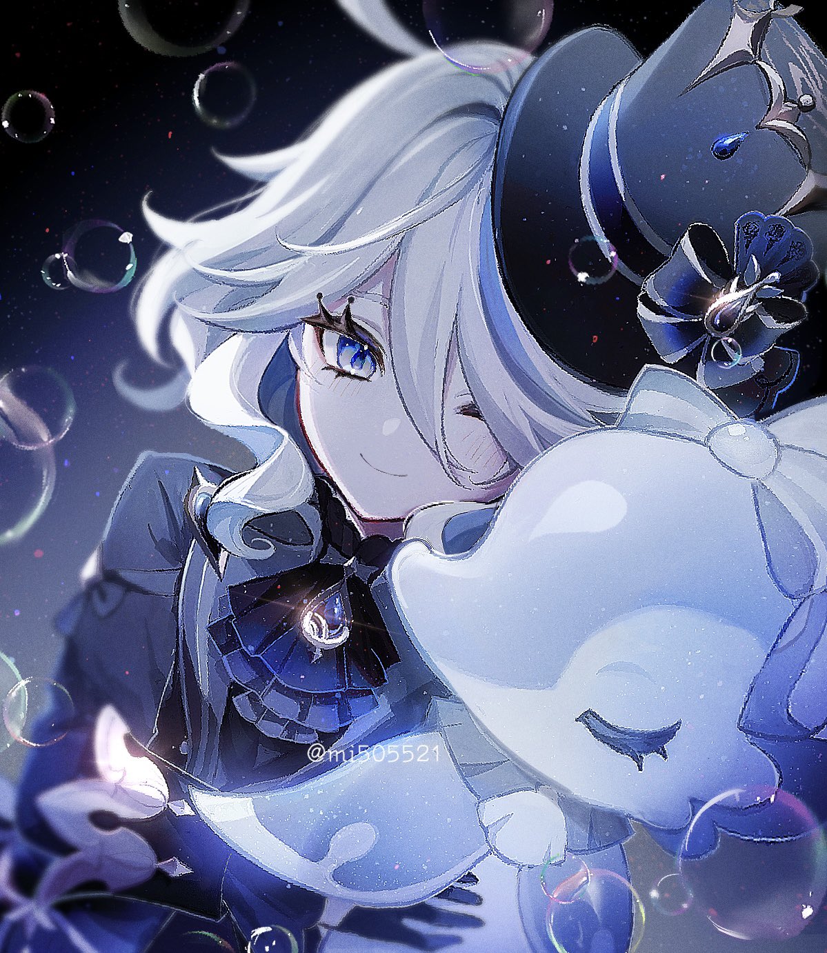 Safebooru - 1girl ahoge animal artist name ascot black gloves blue ascot blue bow blue eyes blue ...