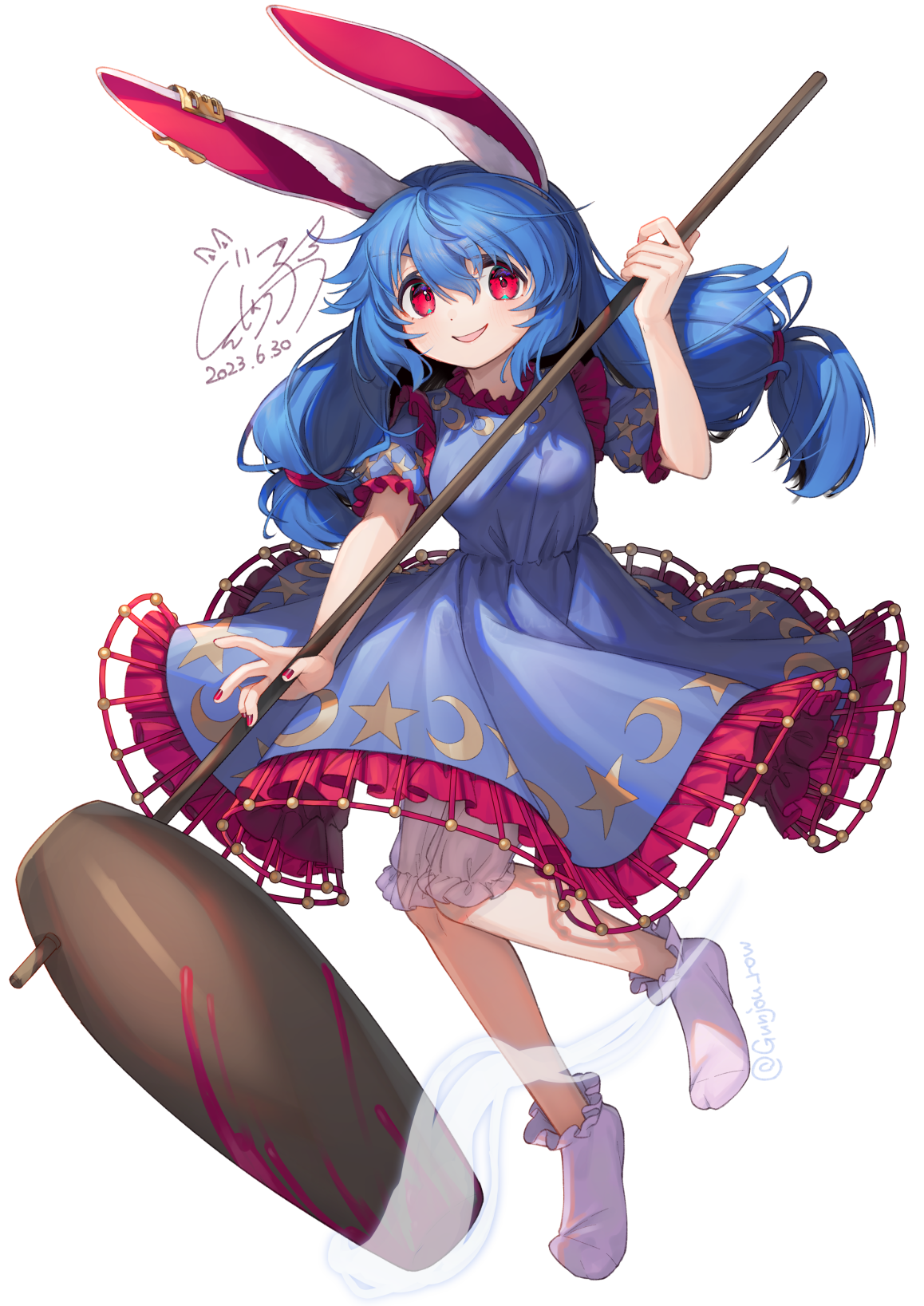 Safebooru - 1girl animal ears bloomers blue dress blue hair blush crescent print dress earclip ...