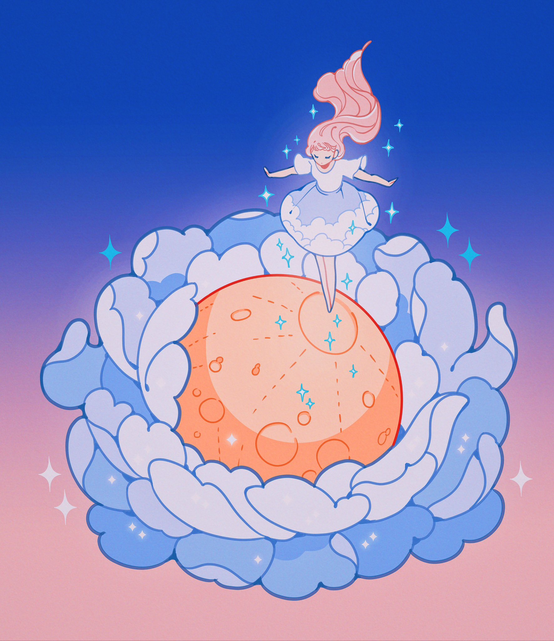 Safebooru - 1girl barefoot blue background blue skirt cloud print ...