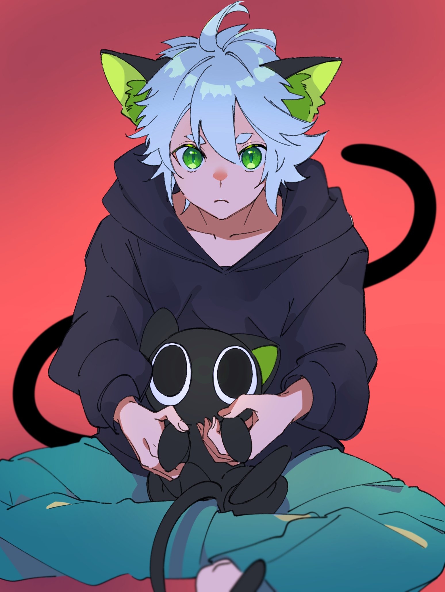 Safebooru - 1boy animal ears black cat black hoodie cat cat boy cat ears cat tail feet out of ...
