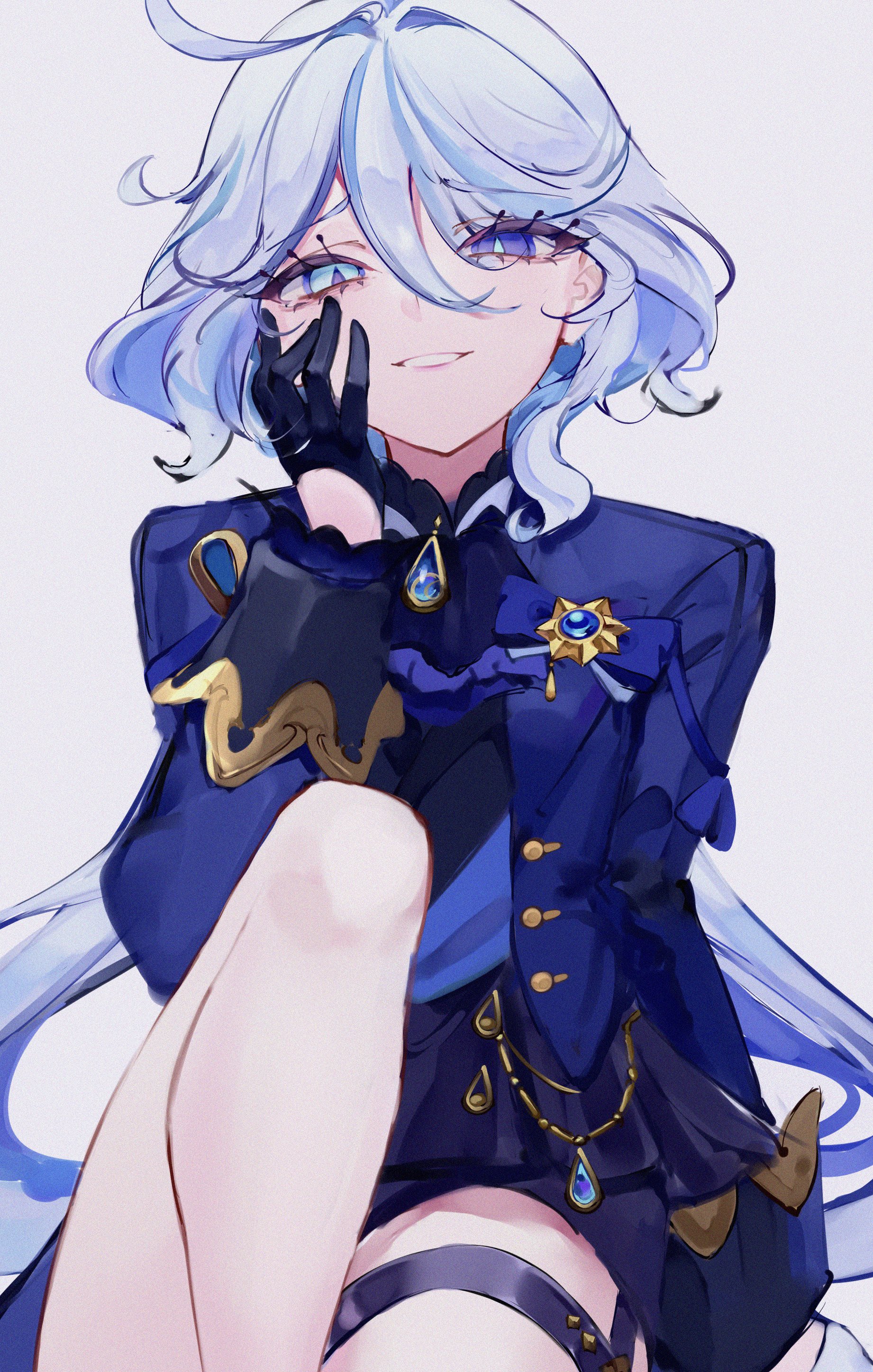 Safebooru - 1girl absurdres ahoge ascot black gloves blue ascot blue brooch blue eyes blue hair ...