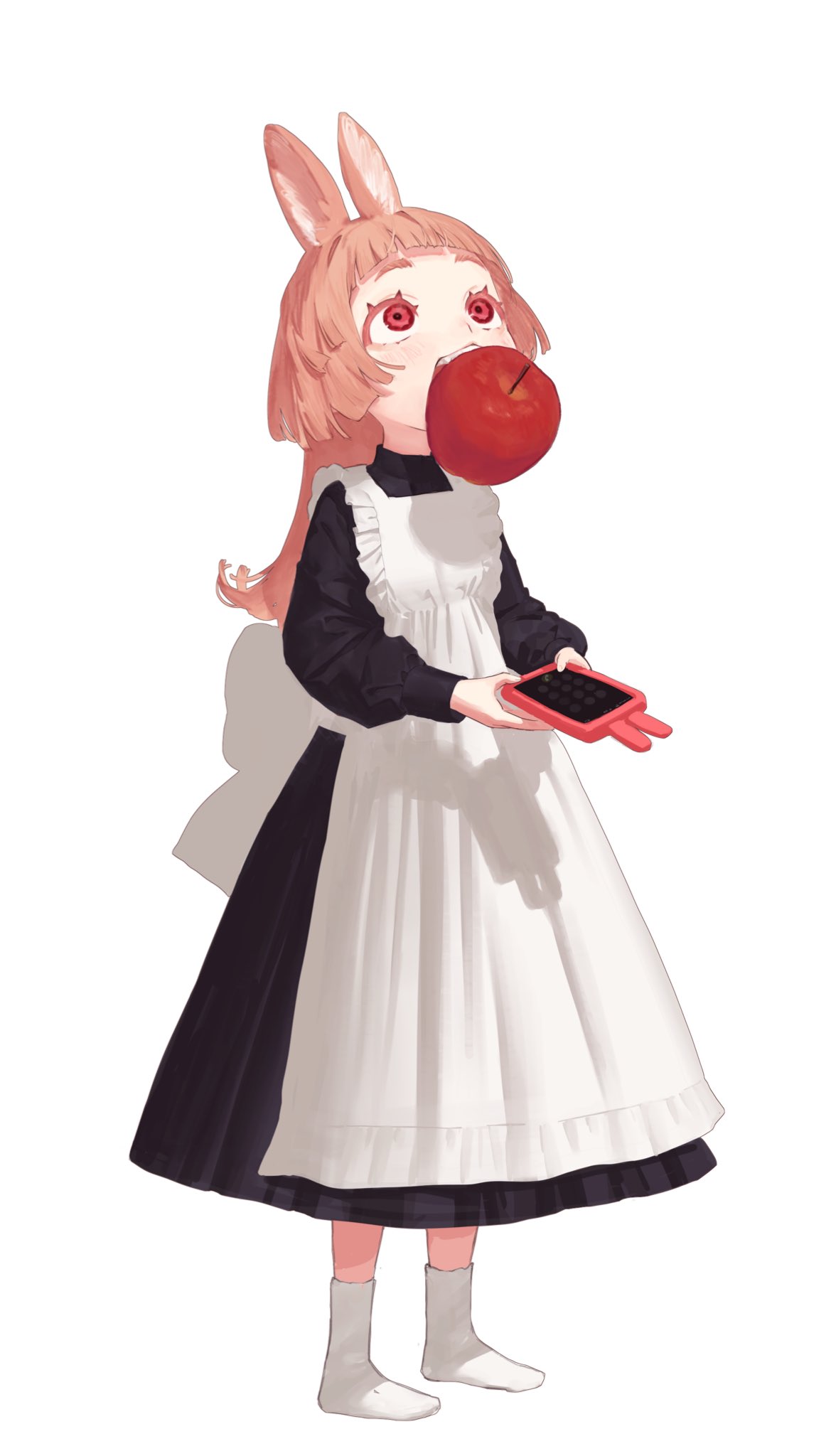 Safebooru - 1girl apple apron black dress blunt bangs blush dress food fruit full body highres ...
